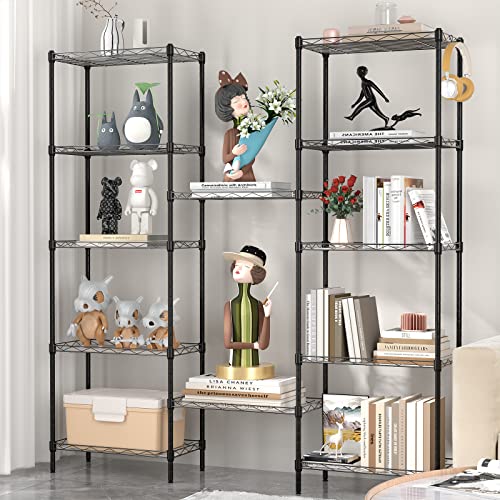 azamine 6-Tier Storage Shelves, Metal Storage Rack Adjustable Shelving Unit with 4 Hooks for Pantry Laundry Bathroom Kitchen Closet (21L x 11W x 70H, Black)