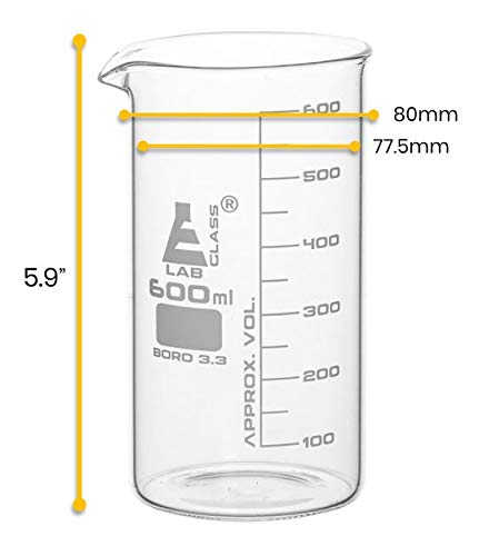 EISCO 6PK Beakers, 600ml - Tall Form with Spout - White, 50ml Graduations - Borosilicate 3.3 Glass