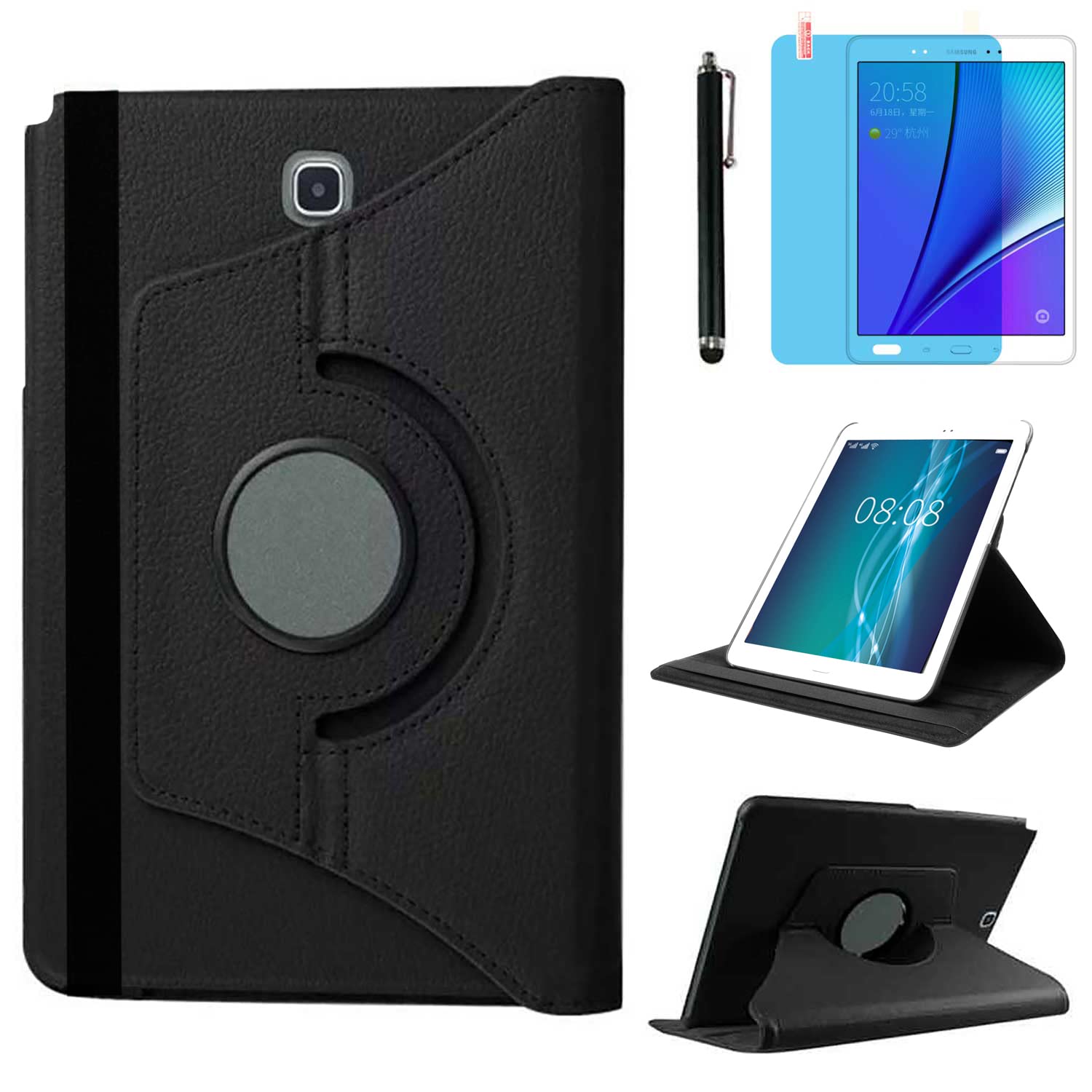 Case for Samsung Galaxy Tab A 8.0 inch 2015 (SM-T350 T351 T355 SM-P350 P355) - 360 Degree Rotating Stand Case Smart Protective Cover,with Stylus Pen,Screen Film (Black)