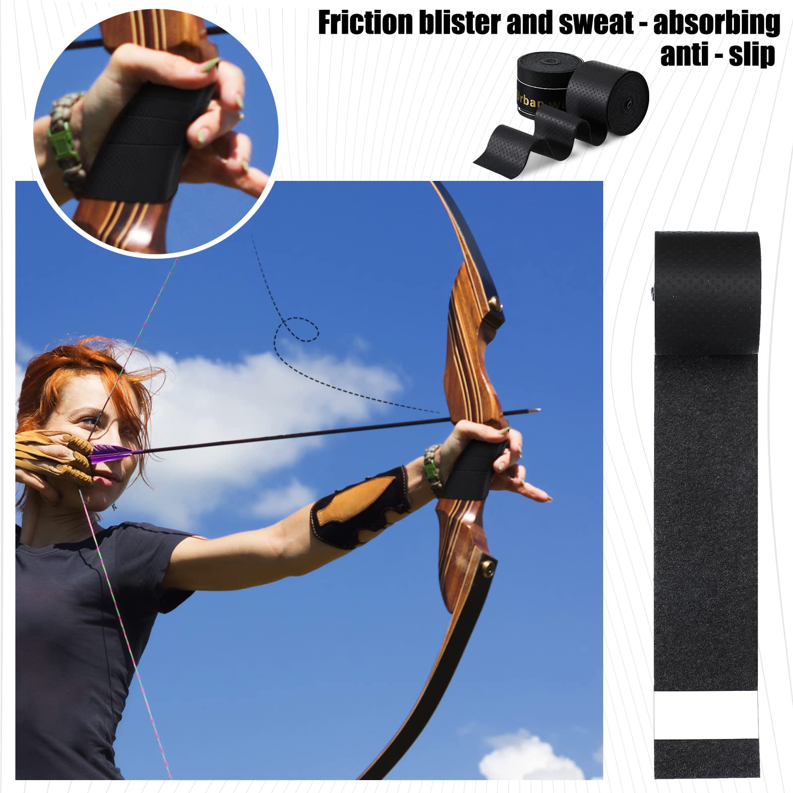 2 Rolls Archery Absorb Sweat Band Sweat Absorbent Archery Grip Strap Bow Handle Non Slip Handle Grip Tape for Archers Compound Bows Bow Riser Handle Arrow, 44 x 1 Inches, Black