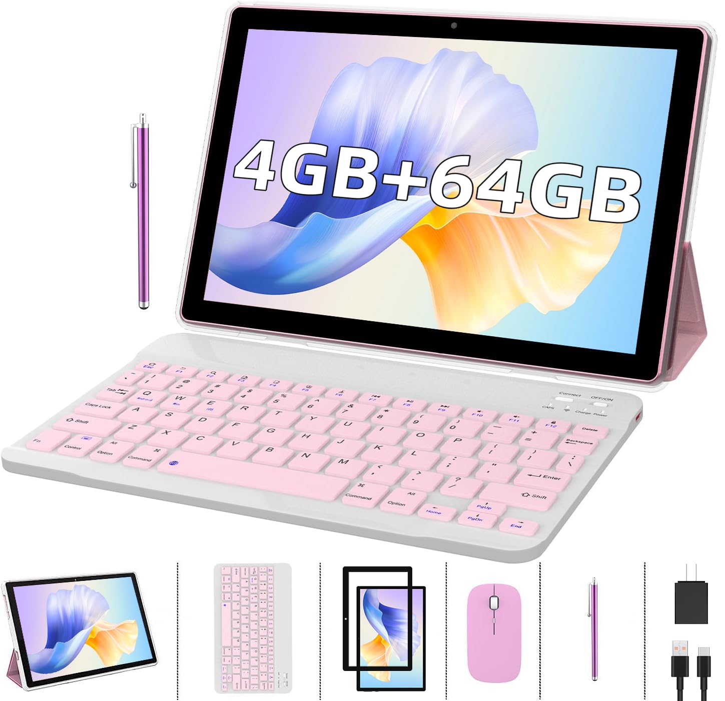 2 in 1 Tablet with Keyboard Case Mouse Stylus Pen Film, 10 inch Tablet Android 11.0 Tablets PC Set, 4GB RAM+64GB ROM Tableta Computer 10.1" IPS Screen 8MP Dual Camera WiFi BT Google Play Tab Pink/Girl