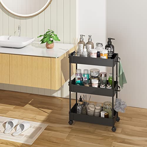 Boeeoan 3 Tier Rolling Utility Storage Cart, Mobile Shelving Organizer with Hooks for Kitchen Bathroom Laundry Room Living Room, Black
