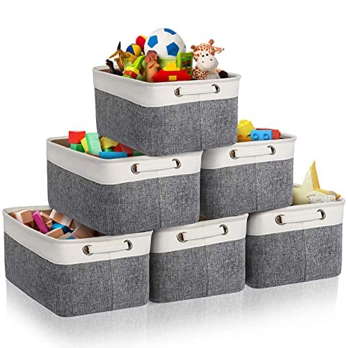 EXTREE Fabric Small Storage Baskets - 6 Pack Nursery Decorative Storage Bins Linen Empty Gift Basket with Handles for Organizing Shelves Bathroom(Gray,11.8L x 7.9W x 5.3H inches)