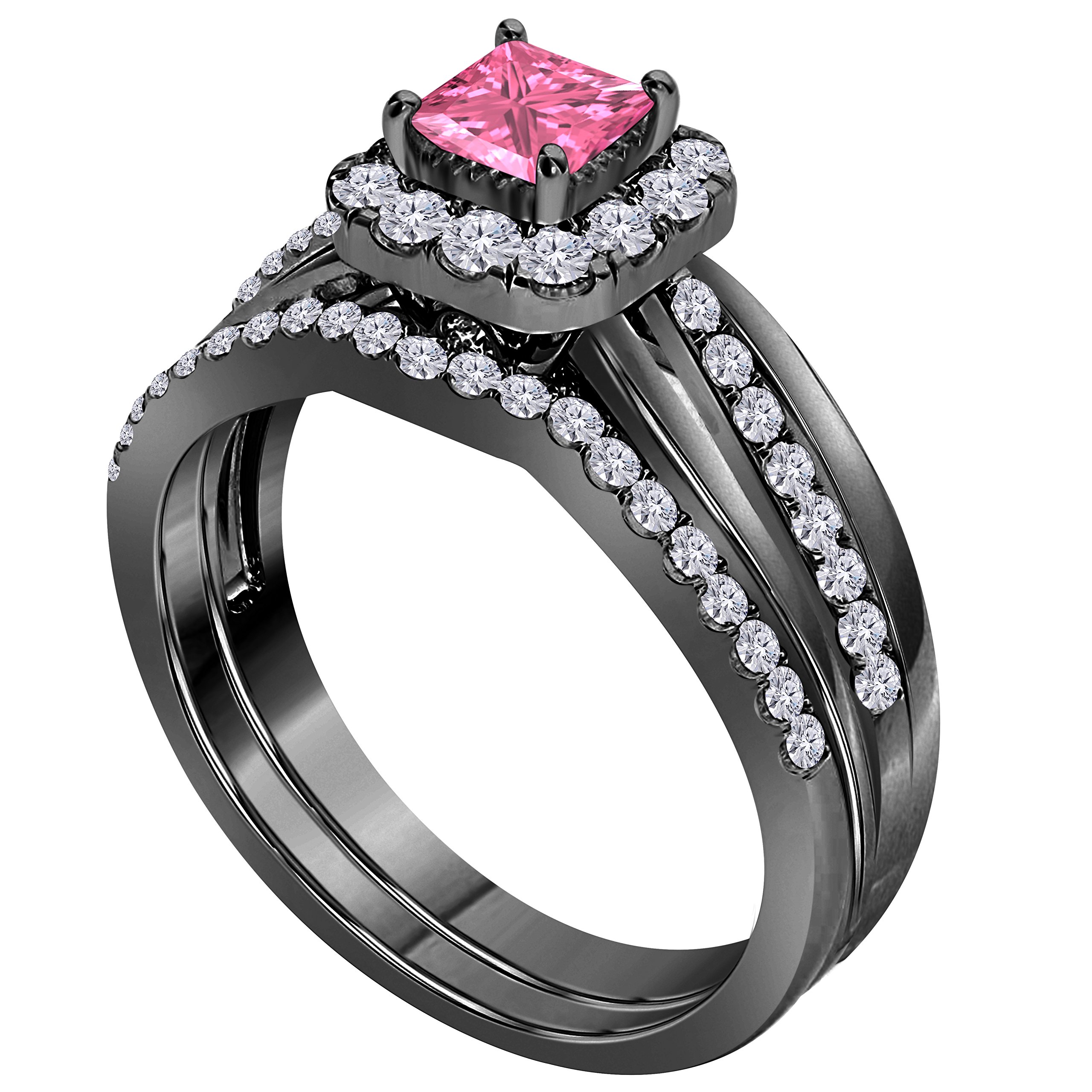 2.00 CT Princess Cut Created Pink Sapphire 14k Black Gold Rhodium Plated Split Shank Halo Style Wedding Engagement Ring Bridal Set