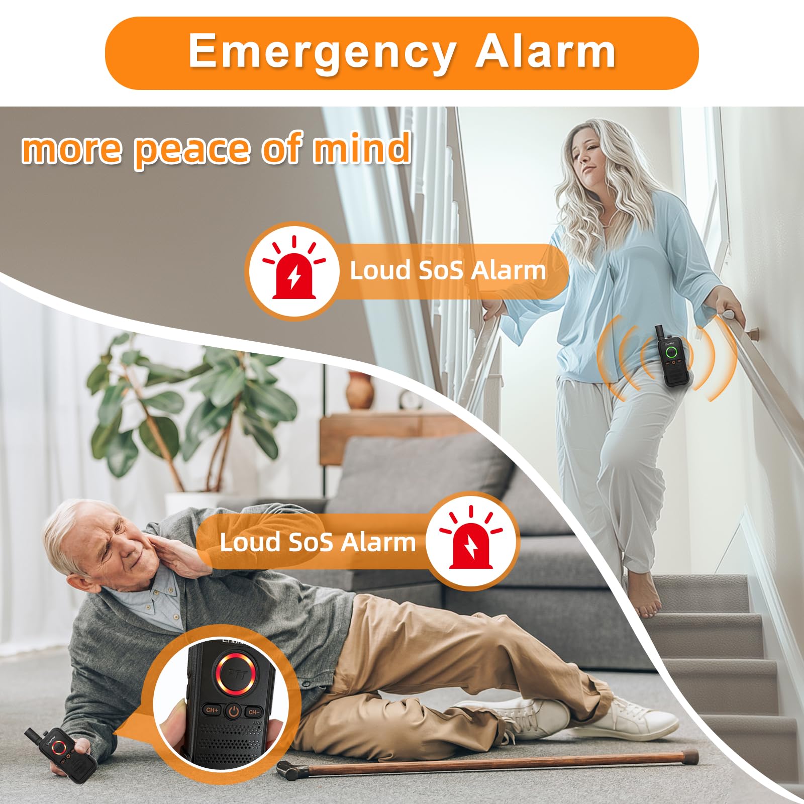 ChunHee 2 Pack Black Intercoms Wireless for Home Caregiver Pager Intercom for Elderly with Emergency SOS Alarm, 1.5 Miles Long Range Wireless Intercom System for Business Room to Room Communication