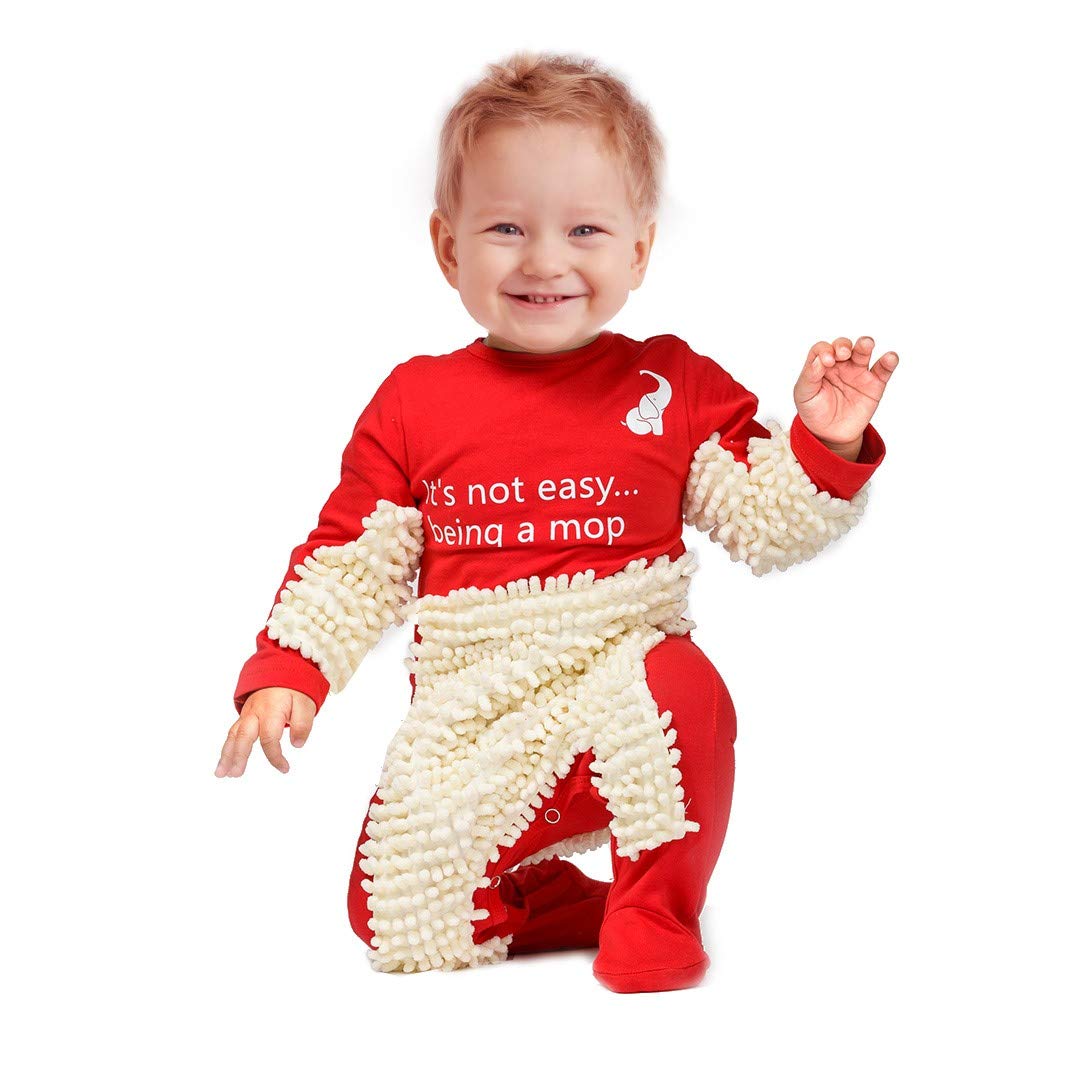 Cute Baby Mop Onesie - Funny and Functional, Perfect as a Long Sleeve Romper for Your Crawling Baby and for Use as an Everyday Baby Jumpsuit. Great as (Red, 9-12 Months)