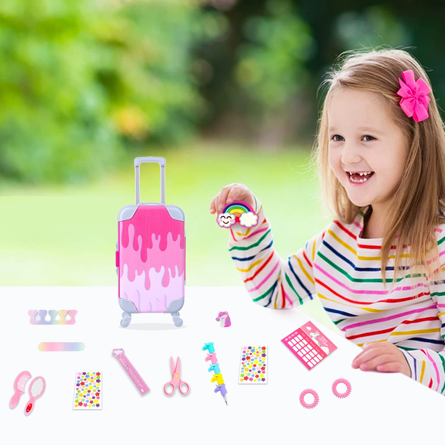 21pcs 18 Inch Doll Clothes and Accessories for Doll School Play Set Includes Suitcase, Clothes, Sticker, Class Schedule Card, Comb, Mirror, Eraser, Calculator, Nail File Buffer, Pencil, Ruler