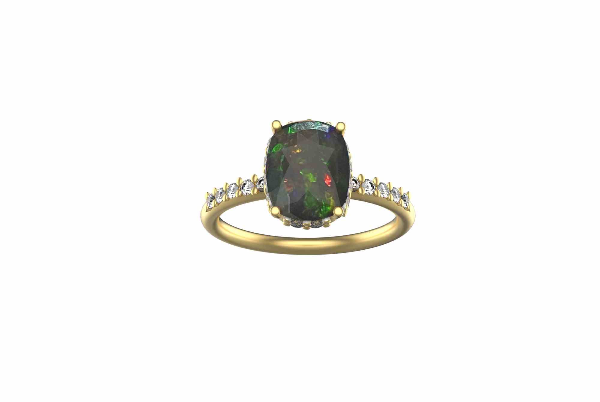 2.00 CTW Natural Ethiopian Black Opal Cushion Shape Stone Size 7 * 9 MM In 14k Solid Gold Ring Diamond Size 1.5 MM Round Diamond Weight 0.15 CTW (Yellow Gold, 8)