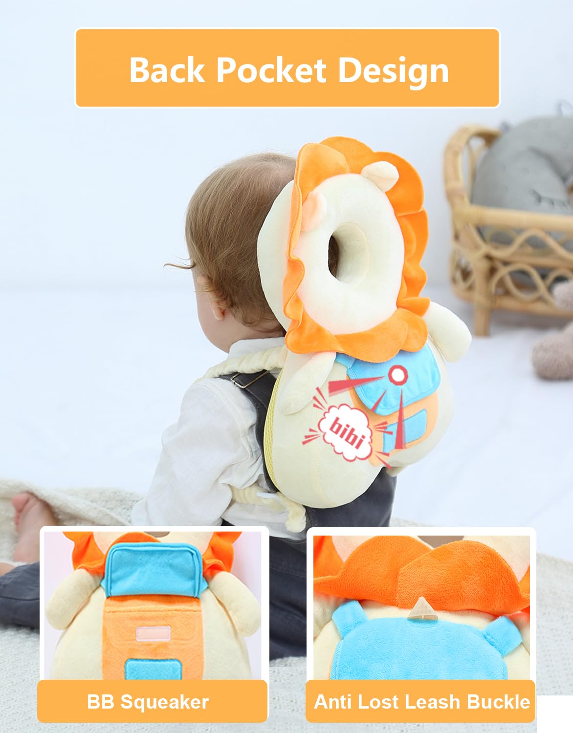 Head Safety Protector Pad for Baby Toddler Walker,Infant Talking Head Protection Backpack Cushion (Yellow Lion)