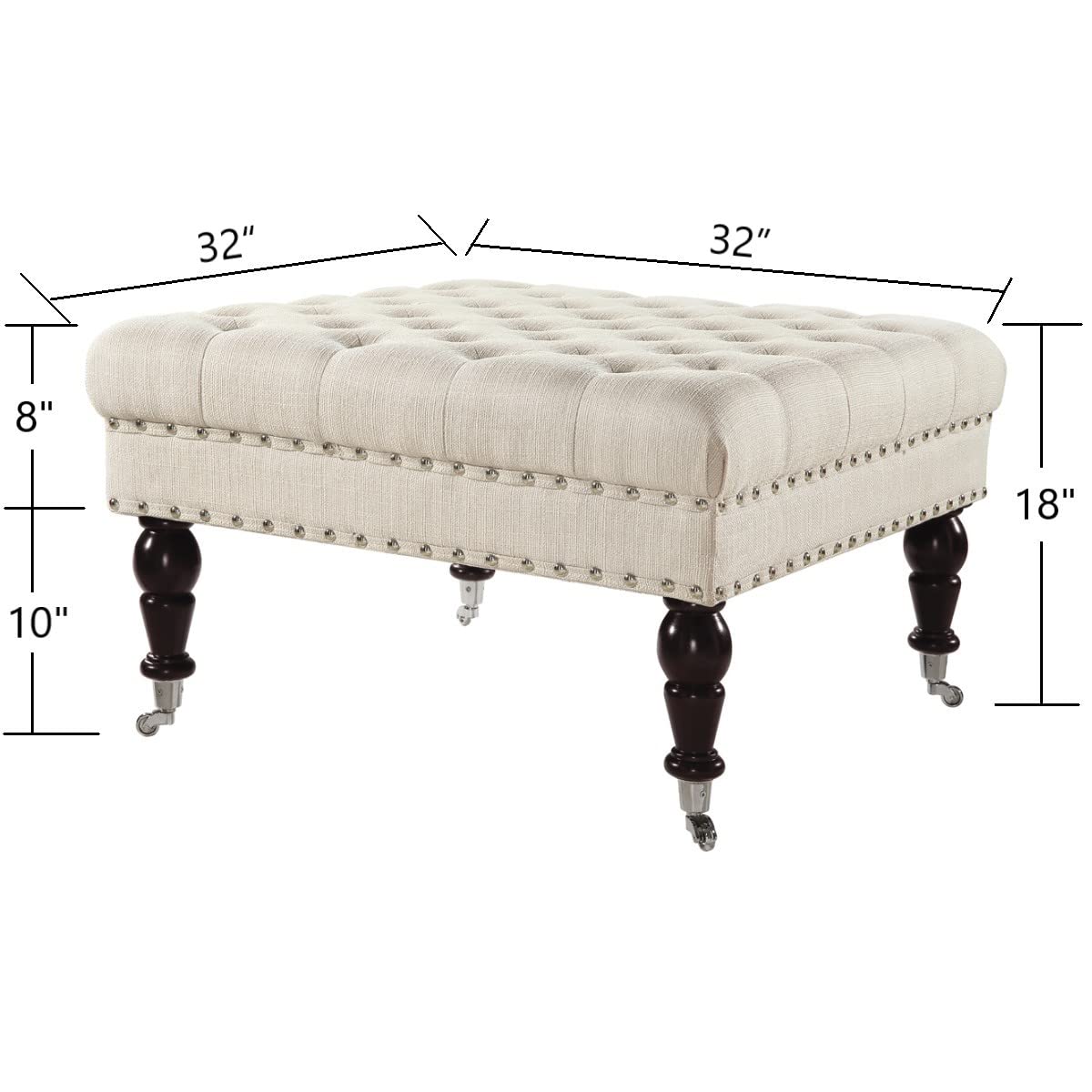 24KF Large Square Upholstered Tufted Button Linen Ottoman Coffee Table, Large Footrest Bench with Casters Rolling Wheels-Ivory