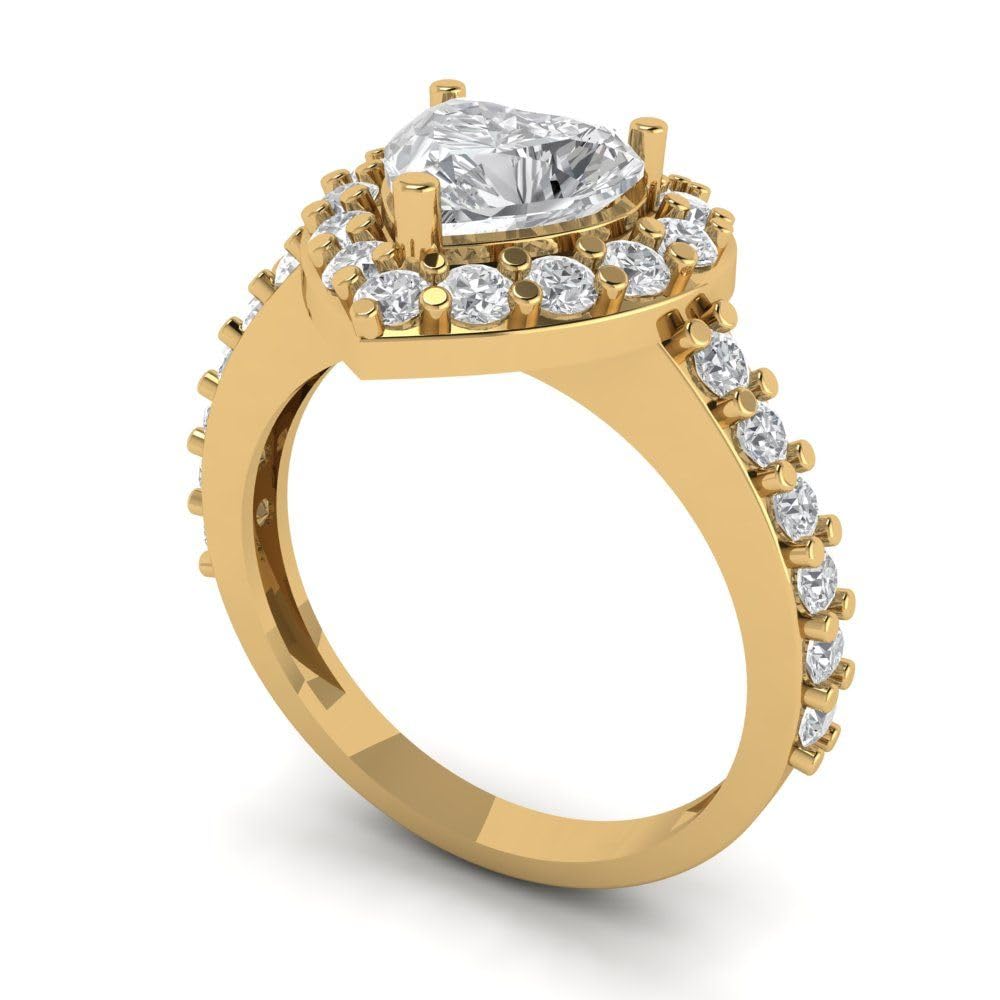 2.03 Ct Heart Cut Clear Simulated Diamond 14K Yellow Gold Halo Solitaire with Accents Engagement Promise Bridal Ring Size 3.5