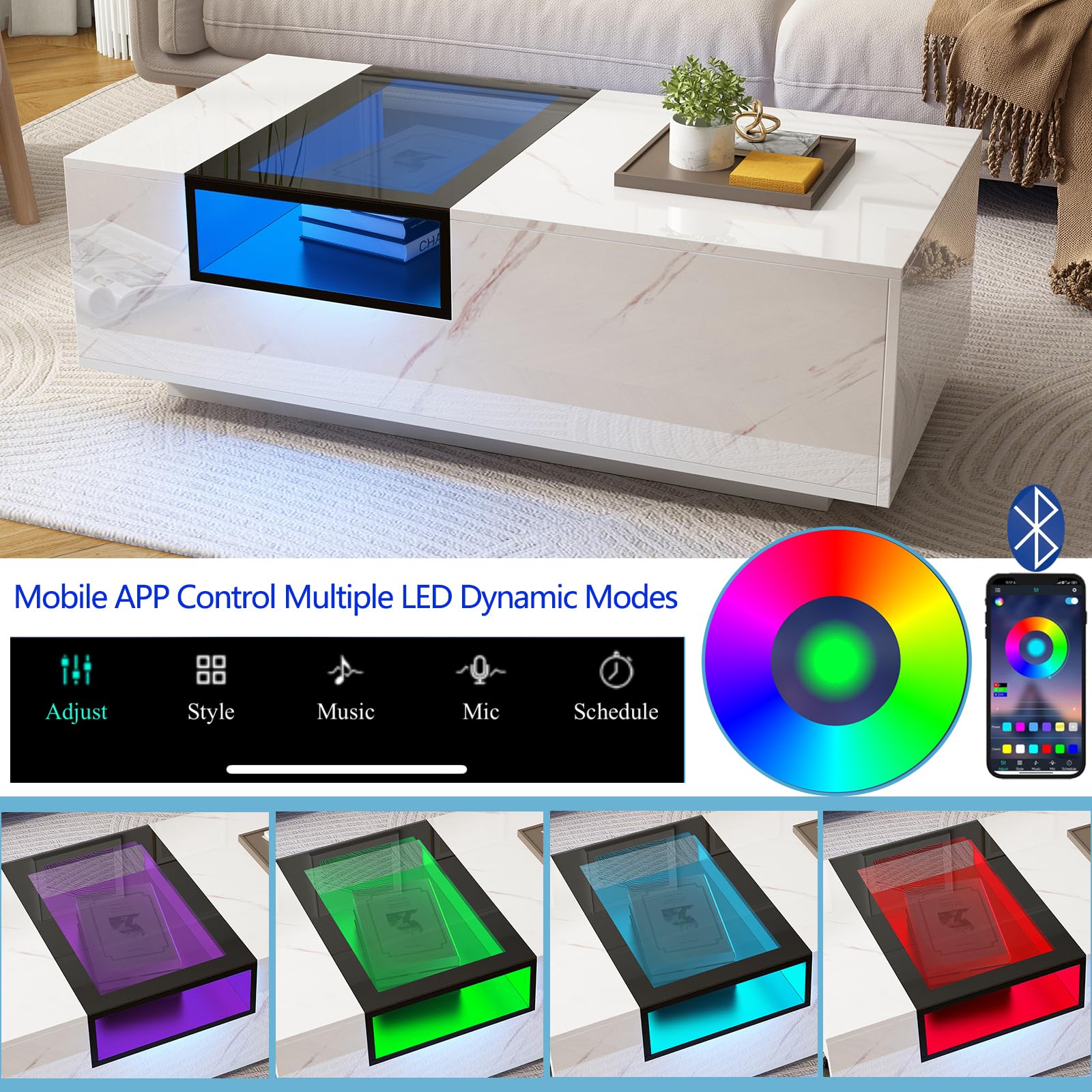 47.2" Large High Glossy LED Coffee Table, Modern Coffee Table for Living Room,Coffee Table with Marbling Print,RGB LED Lights,White Coffee Table for Living Room,Dining Room,Bedroom Home Office
