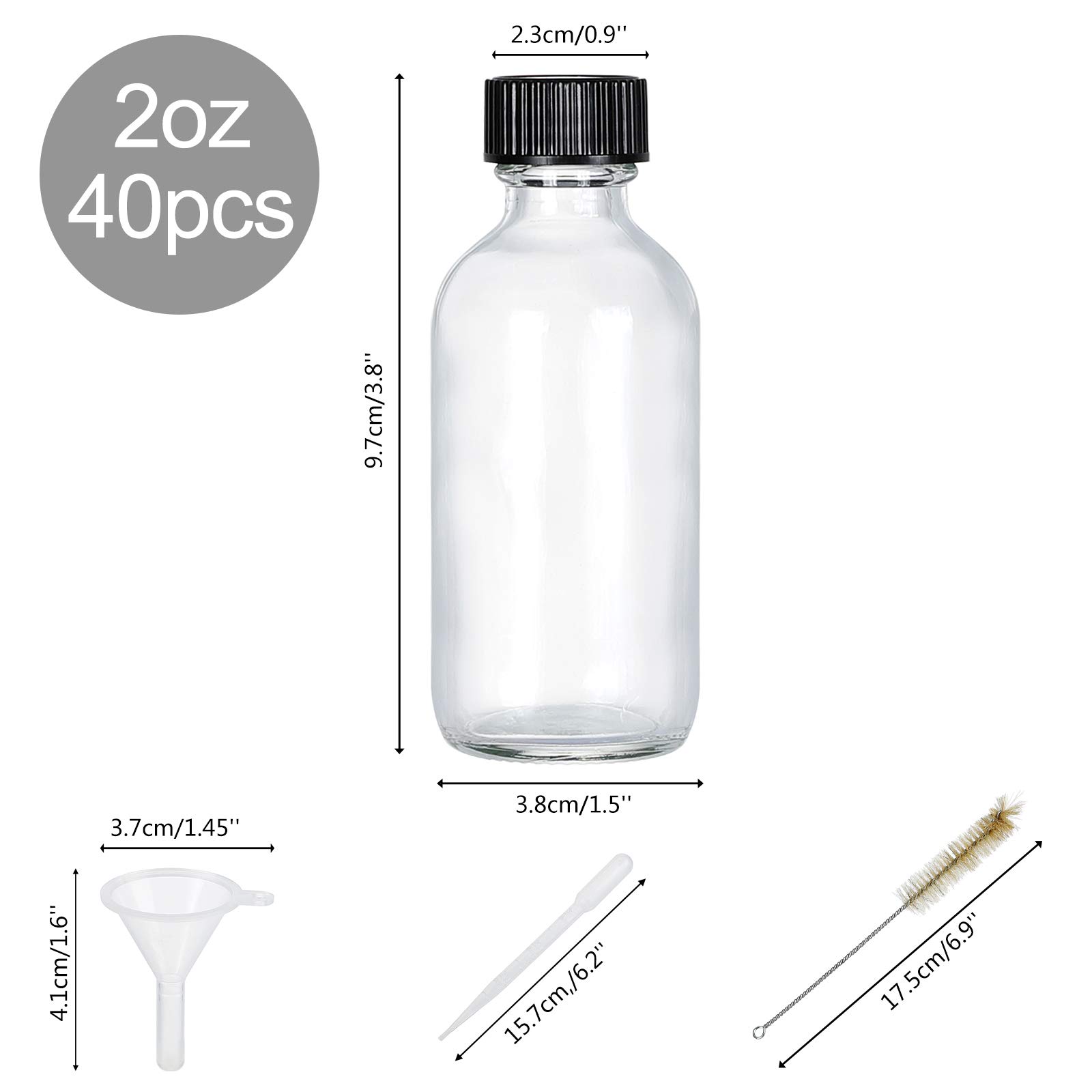 2oz Clear Glass Bottle with Poly Cone Cap, Boston Round Sample Glass Bottle for Potion, Juice, Ginger Shots, Oils, Whiskey, Liquids-48 Labels, 5 Funnels, 5 Droppers, 1 Brush & Chalk Marker-Pack of 40