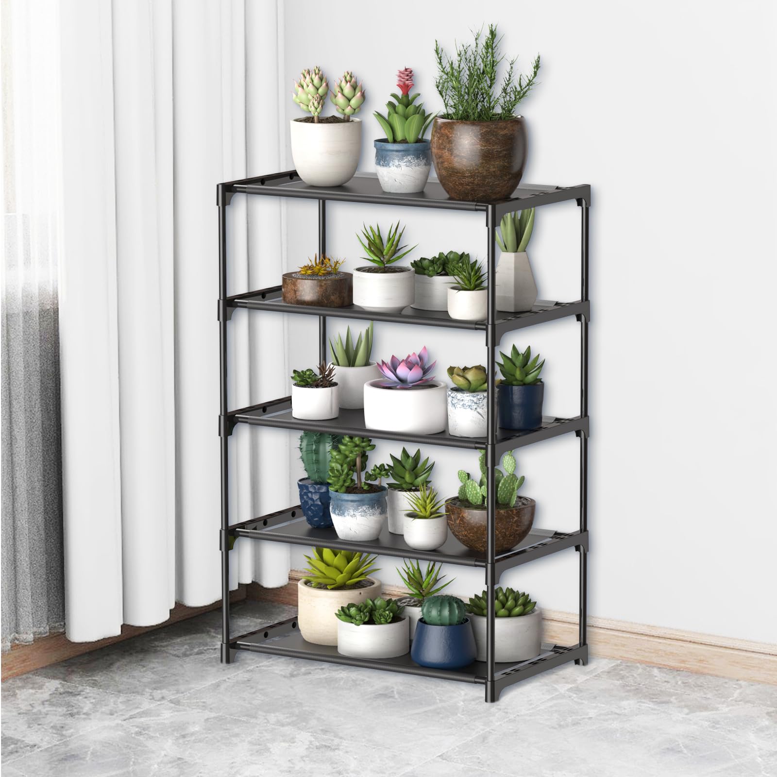 4-Tier Small Shoe Rack, Narrow Stackable Shoe Shelf Storage Organizer, Sturdy Metal Expandable Free Standing Shoe Racks for Entryway Hallway Closet Bathroom Living Room (CXY-5-Black)