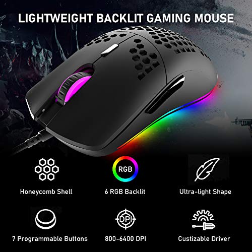 Gaming Keyboard and Mouse with Mechanical Red Switch Rainbow Backlit Wired Type-C 84 Keys Anti-ghosting,RGB 12000 DPI Lightweight Honeycomb Shell Gaming Mouse,Large Mouse Pad for PC Gamers(Black)