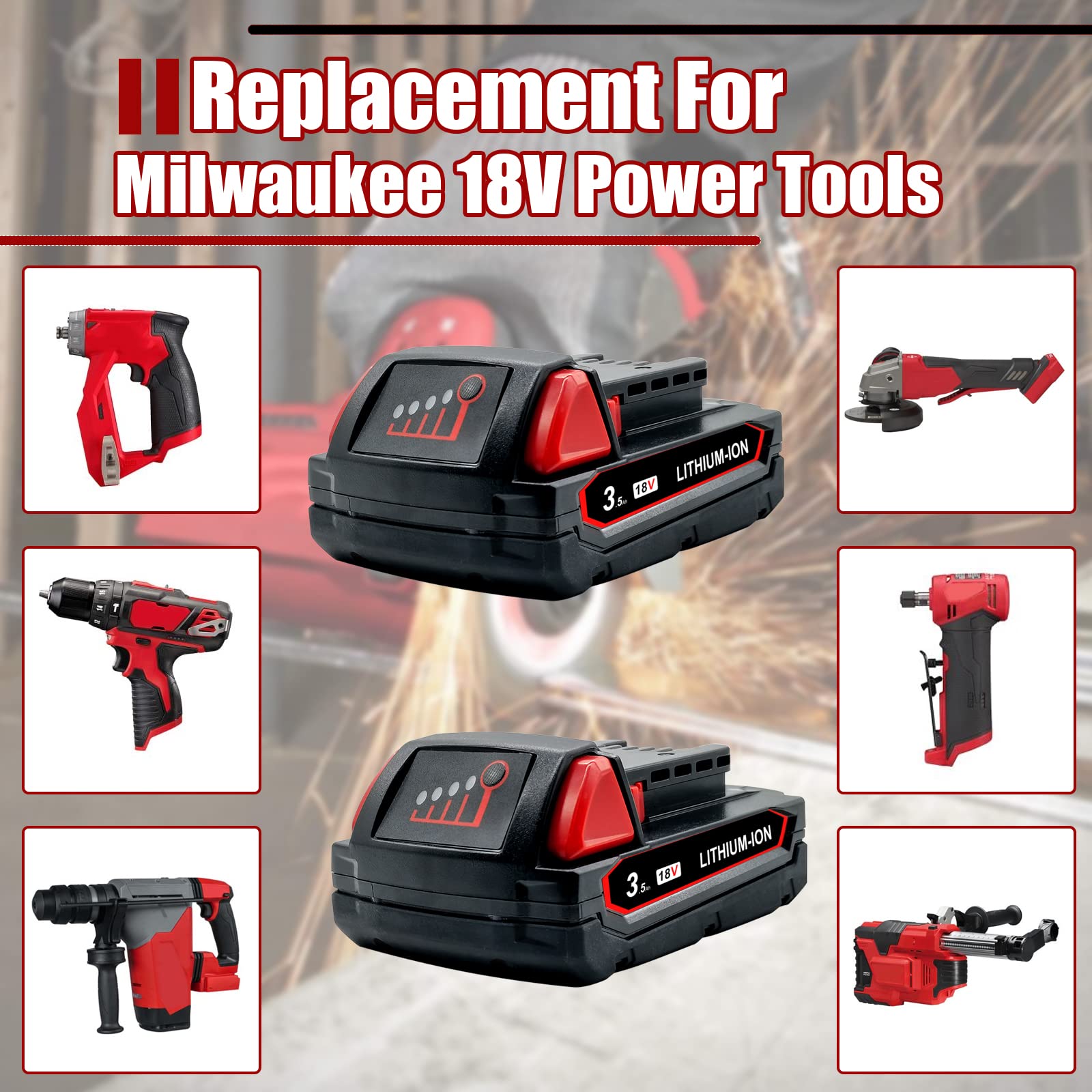 2Pack 18V 3.5Ah Replacement for Milwaukee M18 Battery, Compatible with Milwaukee 18V Battery 48.11.1815 48-11-1820 48-11-1828 48-11-1840 48-11-1850 48-11-1852