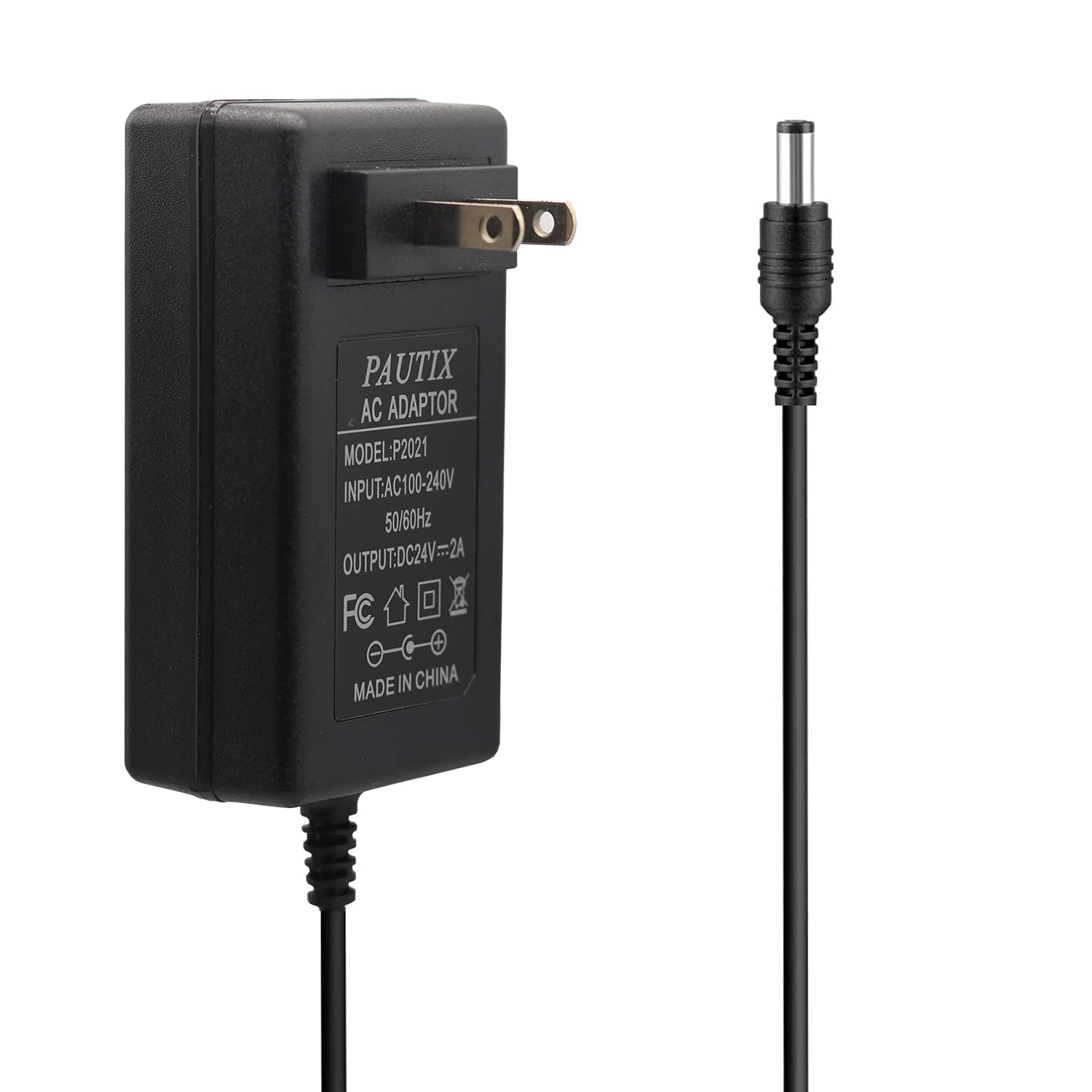 PAUTIX 24V DC Power Supply Adapter 24Volt 2A 48W AC to DC Converter Transformer 100-240V AC Input with 5.5 x 2.1mm US Plug for LED Strip, CCTV Camera