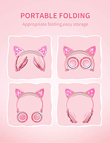 esonstyle Cat Ear Headphones for Kids, Wired Kids Headphones with LED Light Up, 85dB Volume Limited, Foldable 3.5mm Jack Headphones for School/Travel/iPad/Tablet (Peach)