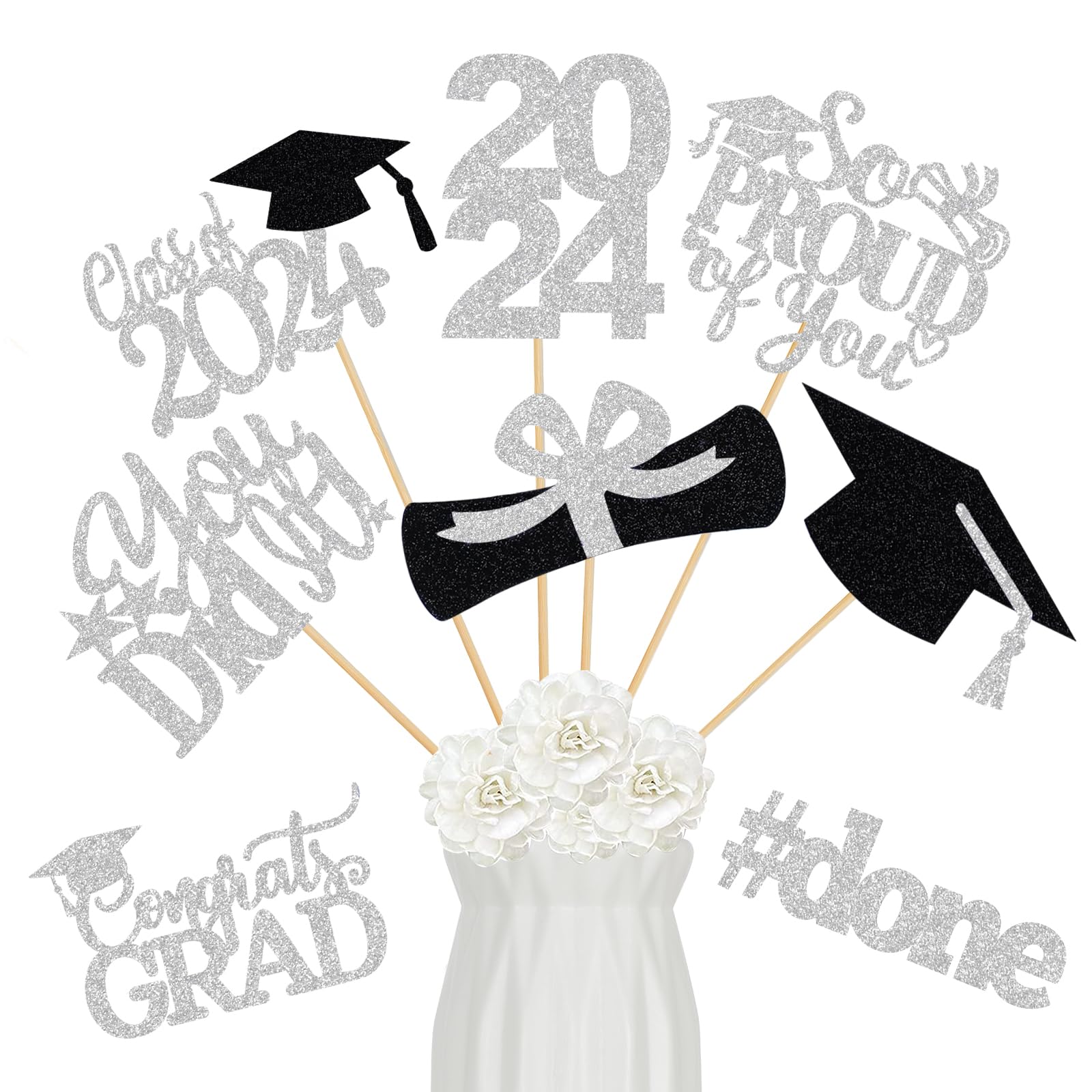 24 Pcs Graduation Centerpieces 2024 Silver, Graduation Centerpieces for Tables 2024 Silver Graduation Centerpiece Sticks for Graduation Party Decorations 2024 Silver