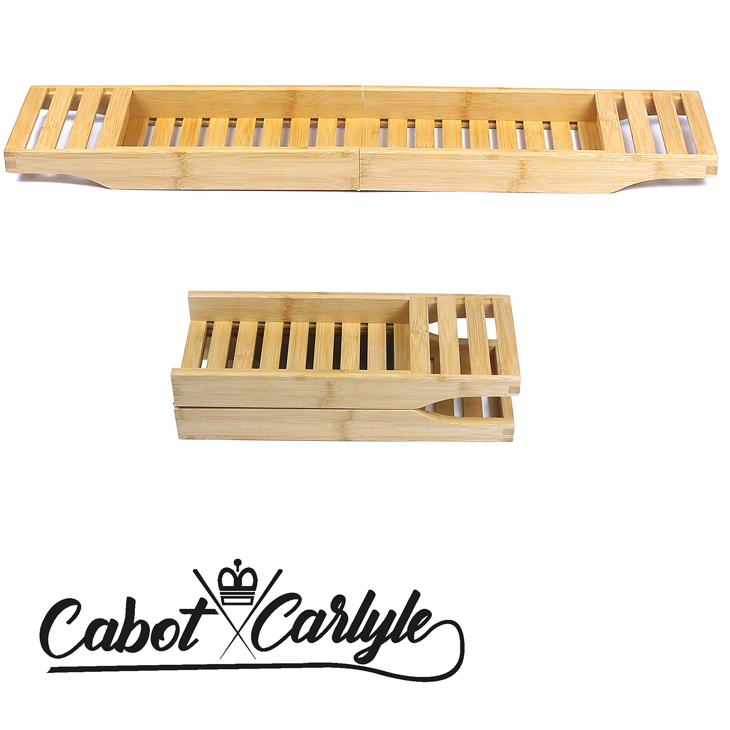 Cabot & Carlyle Luxury Bath Caddy Tray for Tub | Bath Table | Premium Bamboo Bathtub Tray for Tub | Fits All Bath Accessories Wine Glass, Books, Tablets, Cellphones, Shampoo | Bath Shelf Foldable.