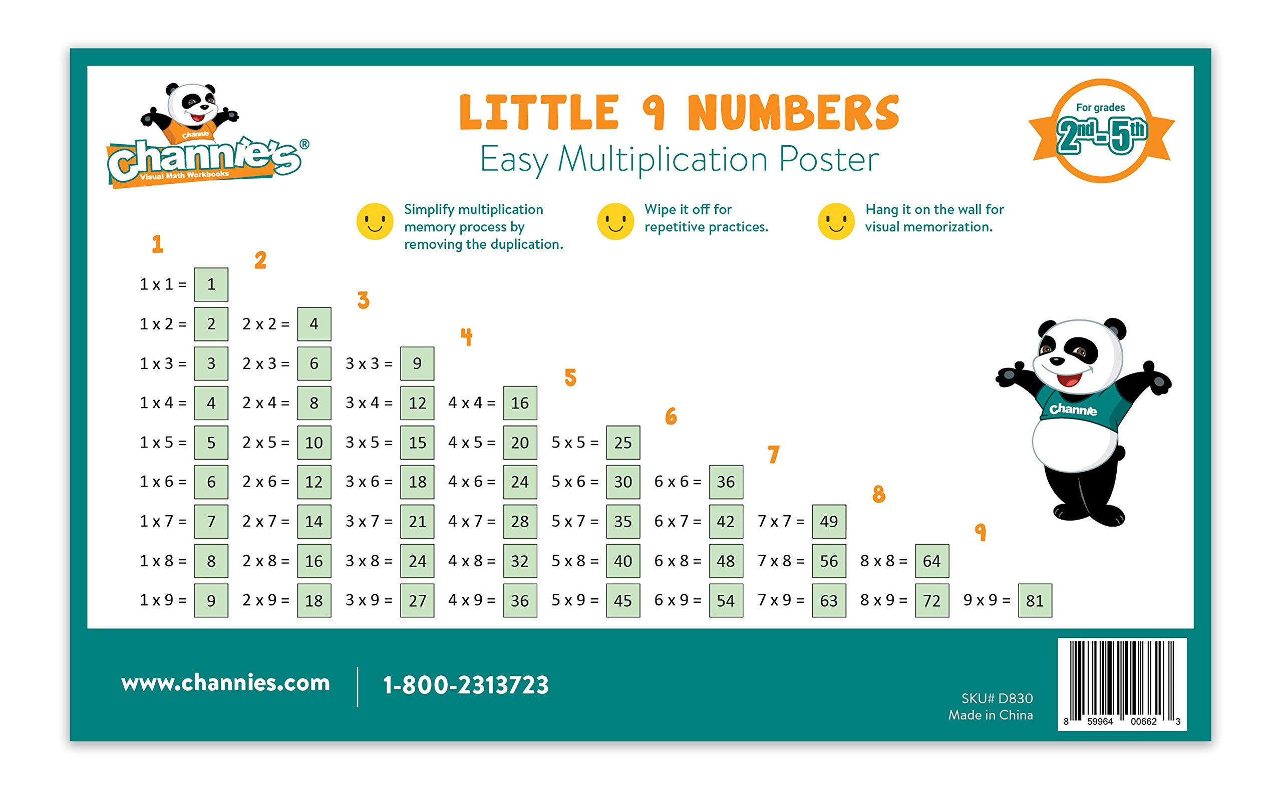 Channie’s Dry Erase My Little 9 Numbers Multiplication Chart to Help Children Ages 6+ Learn, Write & Practice All in One Poster, 8.5" x 14"