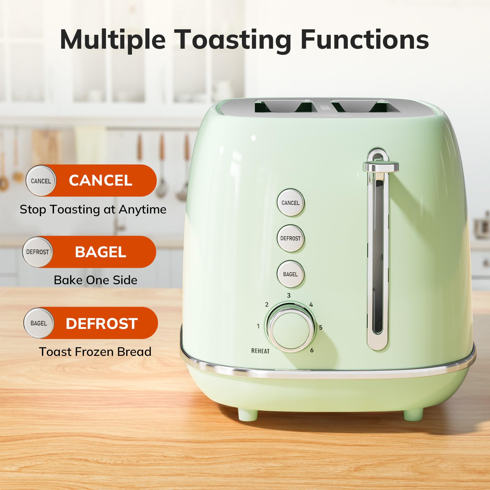 2 Slice Toaster Retro Stainless Steel Toaster with Bagel, Cancel, Defrost Function and 6 Bread Shade Settings Bread Toaster, Extra Wide Slot and Removable Crumb Tray (Green)