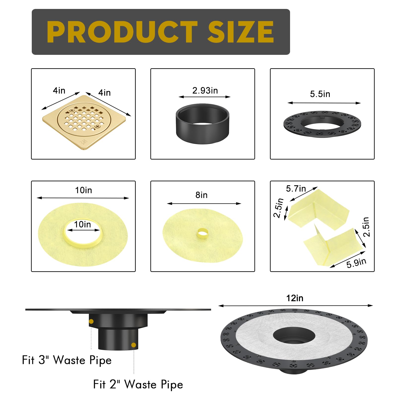 4” Drain Grate Kit - Compatible with Schluter Kerdi Shower Drain - Square Shower Floor Drain Kit with Flange - SUS 304 Stainless Steel Grate & 2 Inch ABS Flange & CUPC Certification - Brushed Brass