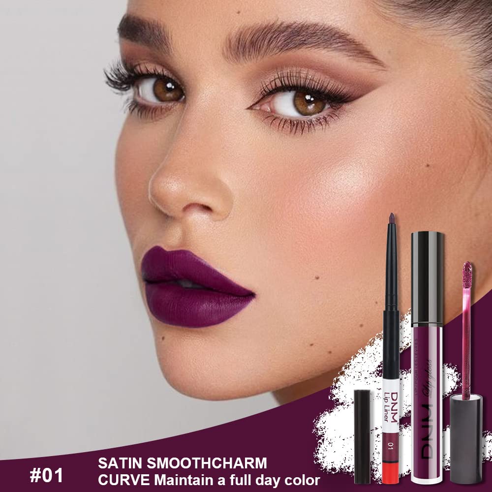 2pcs Matte Dark Purple Lip Liner and Lipstick Makeup Set, burgundy Matte Lipstick 24H and Lip Liner Set Deep Berry Matt Lip Gloss Waterproof Long Lasting Lip Liner Lipstick Set Dark Colors (#01)