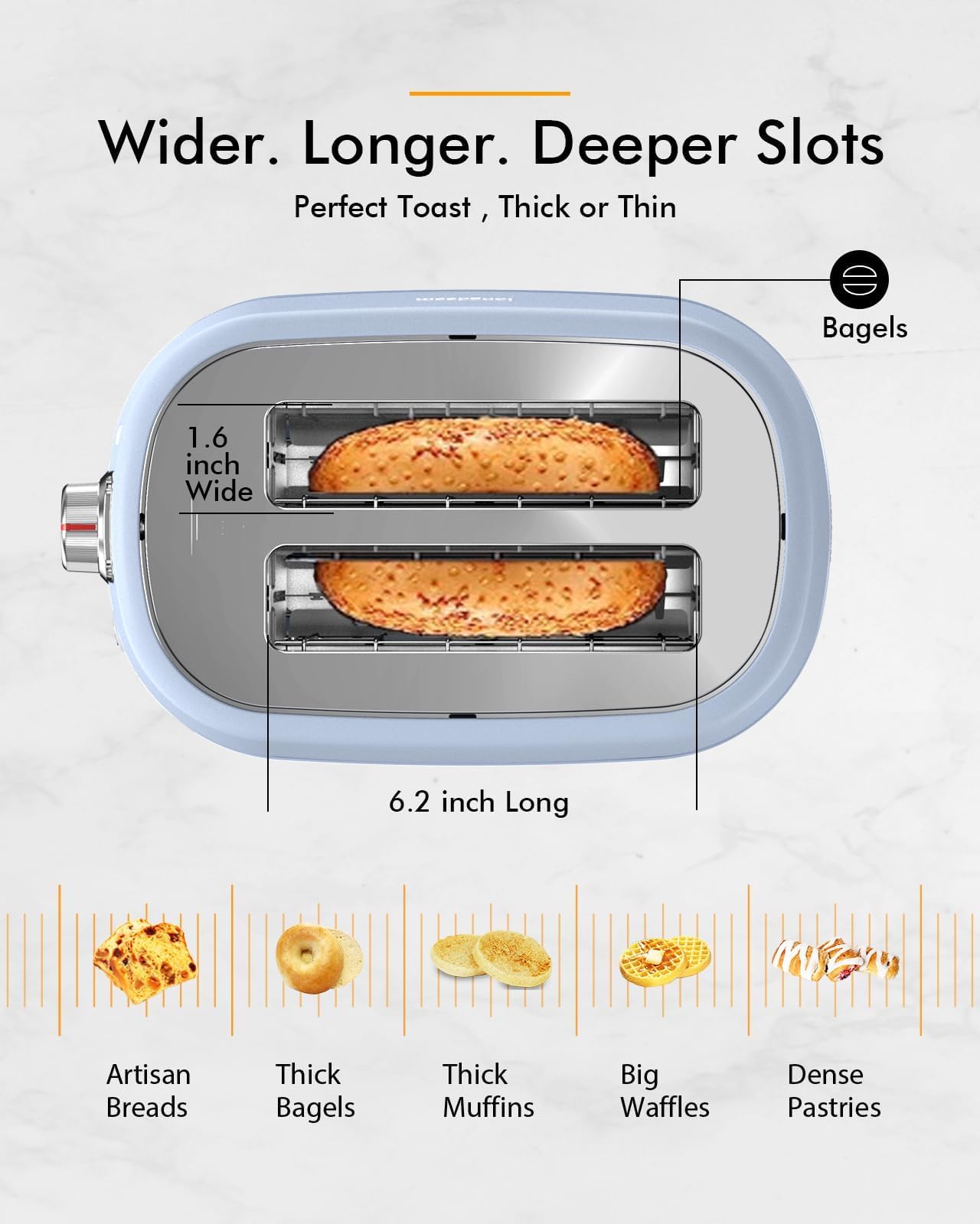 2 Slice Toaster, Wide Slots, Auto-Off, & Frozen Modes for Toast, Bagels, Waffles & Fruity Breads, Modern Sleek Design, Easy-Clean Crumb Tray, Pastel Blue