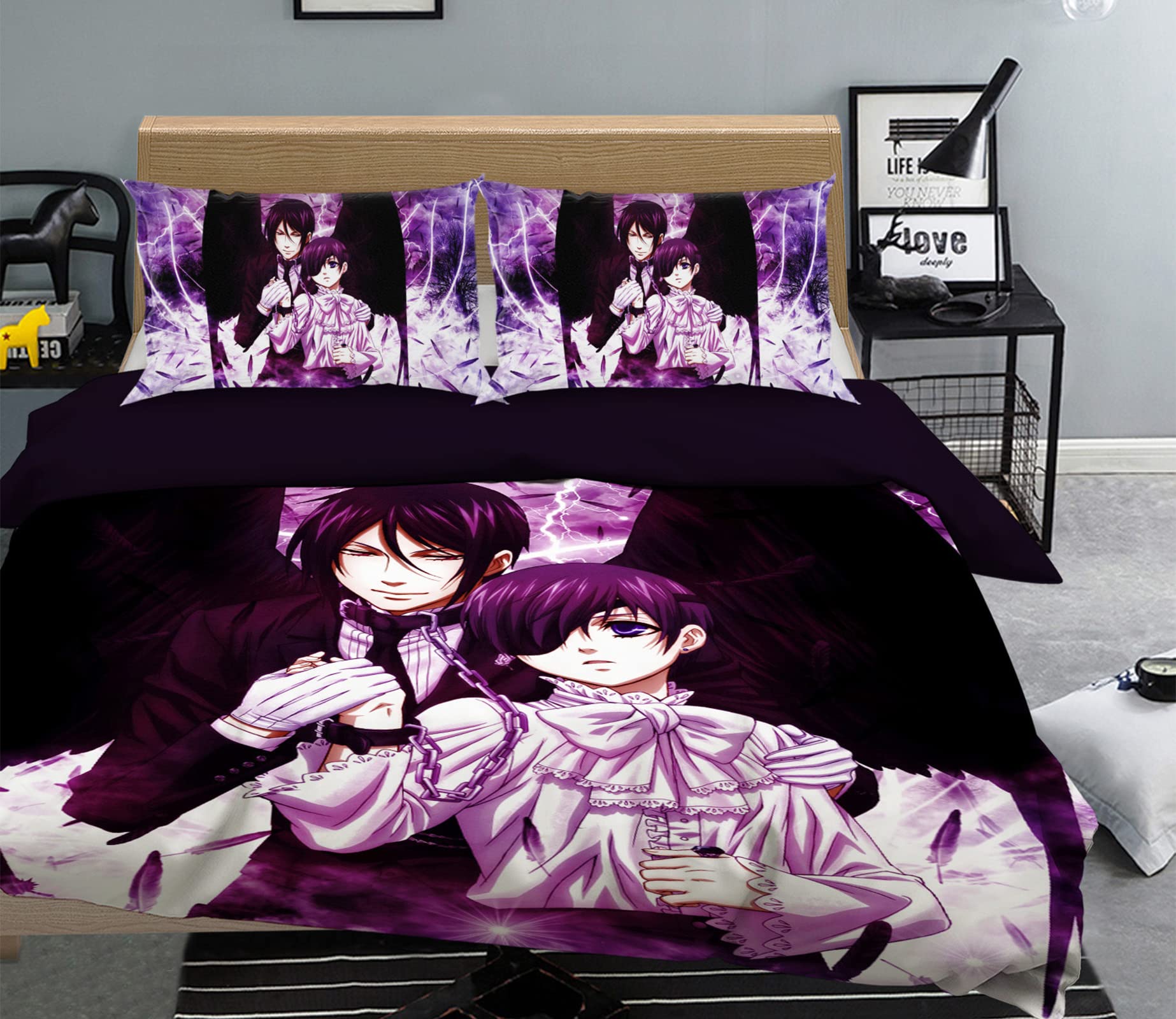 3D Black Butler 2592 Japan Anime Game Bedding Pillowcases Quilt Duvet Cover Set Single Queen King | 3D Photo Bedding, AJ US Panda (Twin)