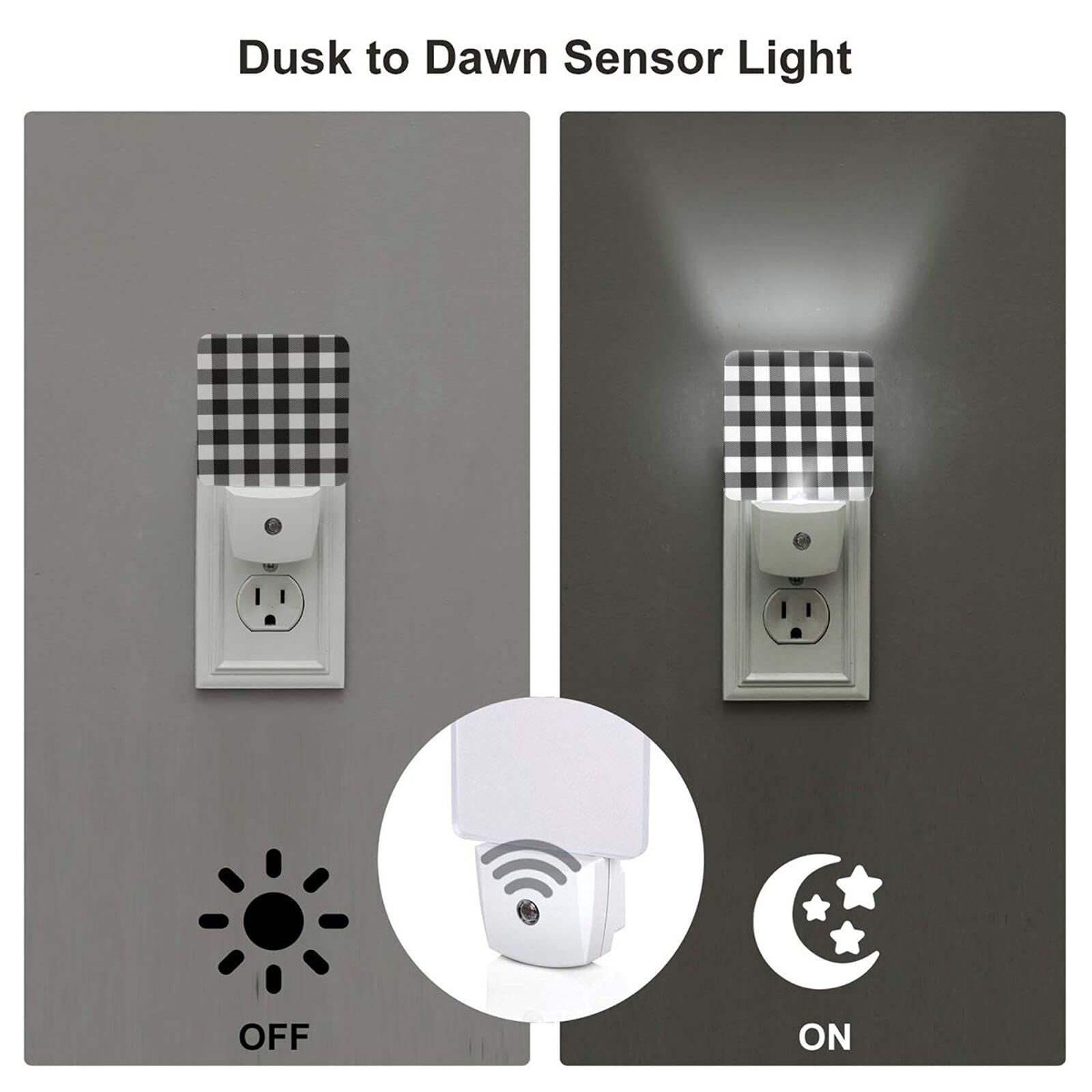 Night Light 2 Pack White and Black Buffalo Check Plaid Classic Led Lamp Plug in Wall Auto Dusk to Dawn Sensor Nightlight Decorative Bedroom, Toilet, Kids Room, Nursery, Hallway, Stairway, Bathroom
