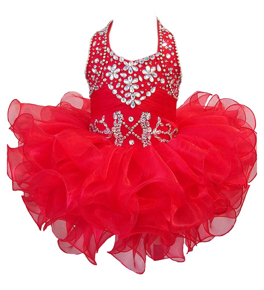 Junguan Toddler Girls Halter Pageant Cupcake Dresses Little Baby Short Ball Gowns with Crystals 2020 7 US Red