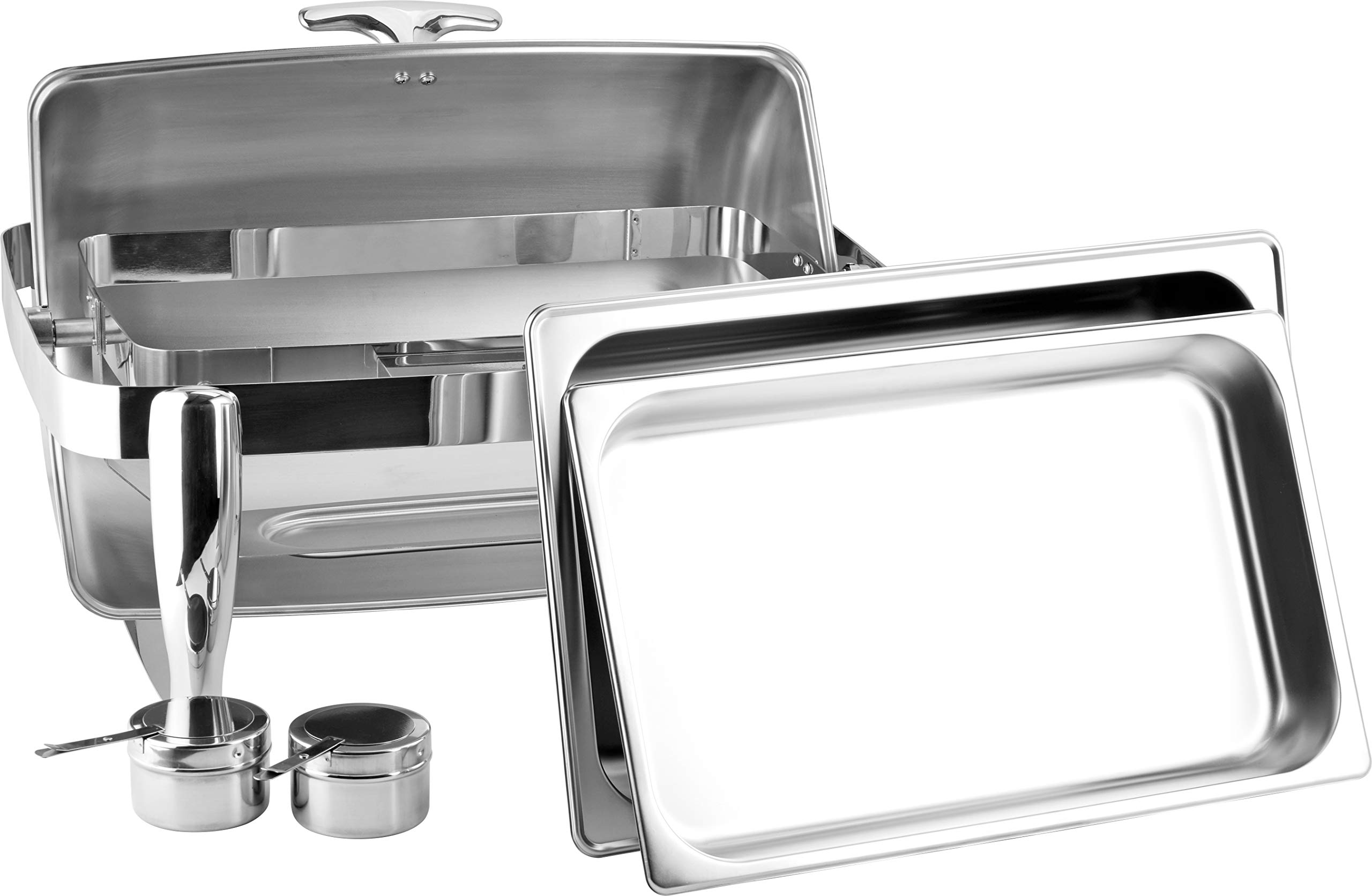 CHEFQ Virtuosa Stainless Steel Oblong 8QT Chafer, Roll-top Set Includes Food Pan, Water Pan and Fuel Holders – Durable, shiny silver, keeps food warm in catered events + CHEFS APRON