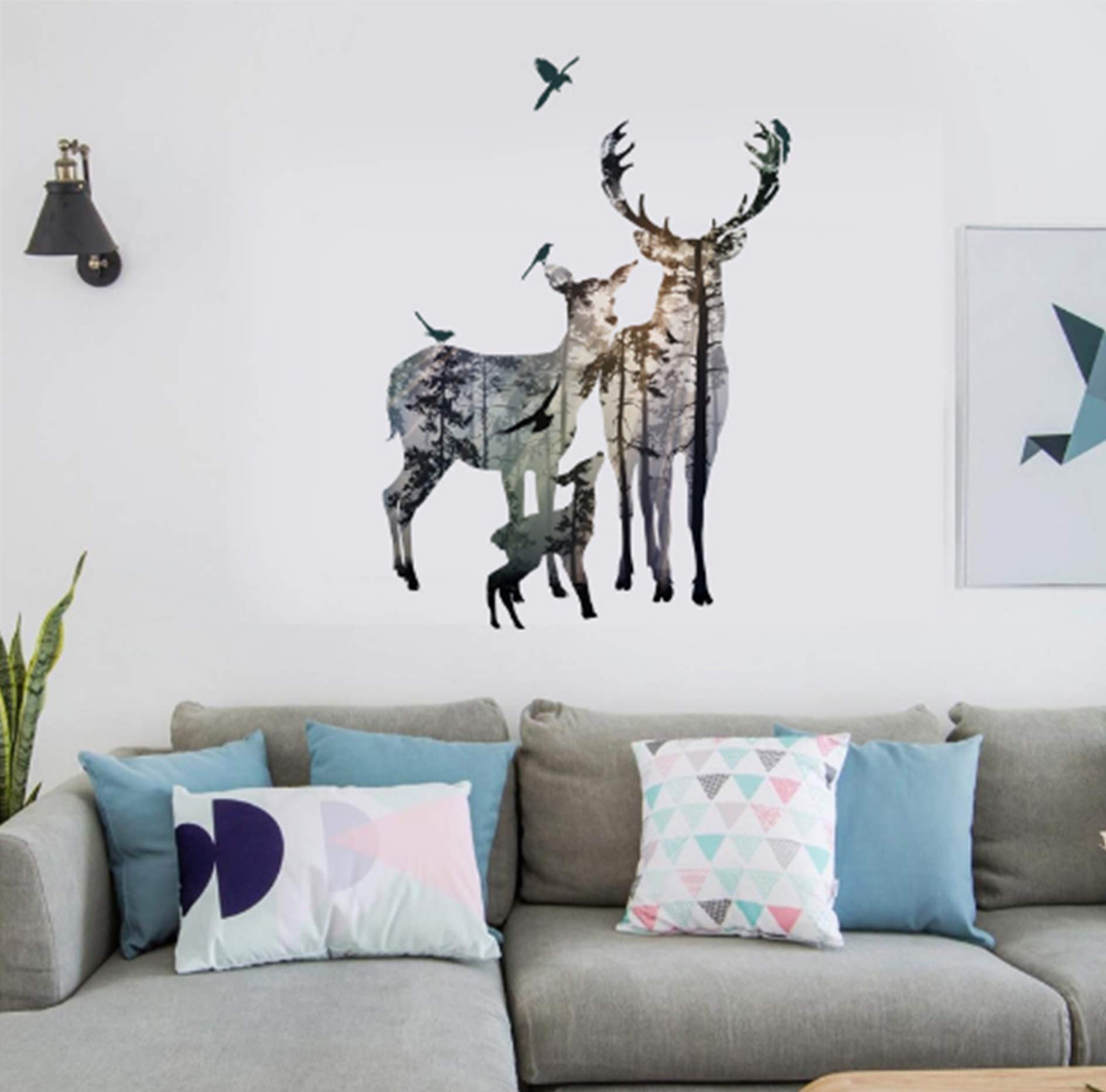 CHengQiSM Colorful Forest Deer and Bird Wall Decals Elk Wall Stickers Sika Deer for Bedroom Living Room Baby Room Stickers