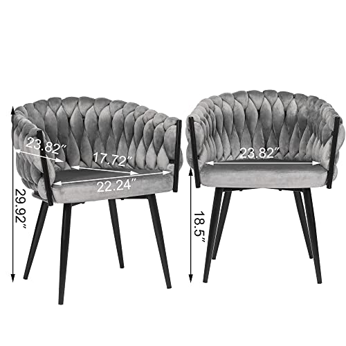 Adeco Velvet Dining Set of 2, Modern Accent Arm Living Room Black Metal Legs, Upholstered Leisure Chair with Hand Woven Backrest for Kitchen Side Table, Grey