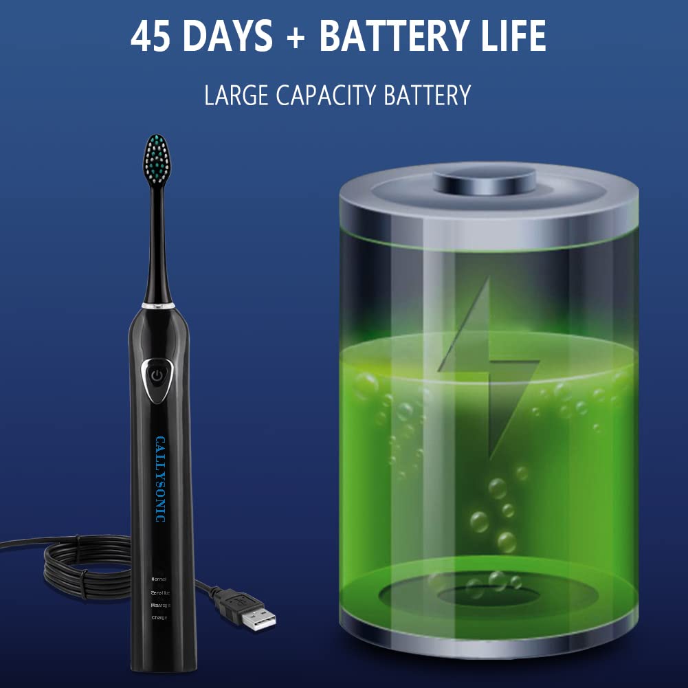 CALLYSONIC Sonic Rechargeable Electric Toothbrush, 48,000VPM Rechargeable Toothbrushes with Normal, Sensitive, Massage Modes, 4 Replacement Brush Heads for Adults Kids - Black
