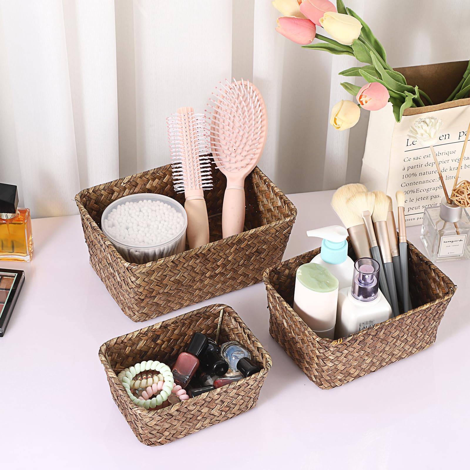 OGANAZI Small Woven Wicker Open Storage Baskets, Set of 3 Natural Seagrass Baskets Rectangular Basket Bins Woven Baskets for Shelf Closet Bedroom (Coffee)