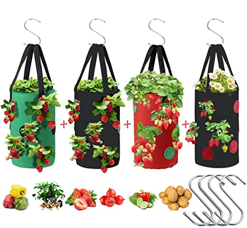 4 Pcs Upside Down Strawberry Planter- 4 Hooks 3 Gallon Hanging Strawberry Planter Hanging Planter,Sturdy Hanging Handle Thickened Breathable Felt Cloth for Tomato Hot Peppers Vegetables (4Pcs 3Gal)