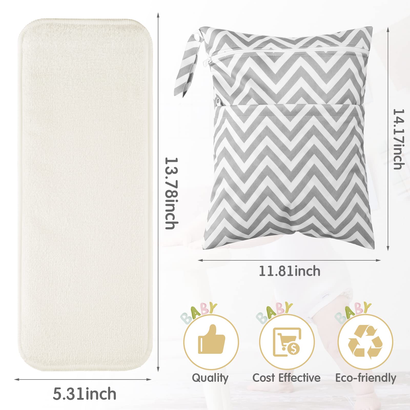 20 Pack Bamboo Cloth Diaper Inserts 4 Layers Diaper Liner Soft Absorbent Reusable Liners Washable Diapers Inserts with an Extra Diaper Bag for Baby Newborn Cloth Diapers