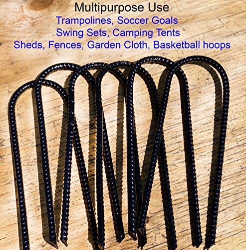 Urbalabs Nutrition 12 Inch Rebar Trampoline Stakes (6 Pack) Extra Heavy Duty Metal Steel High Wind Ground Anchors 3/8 Inch Round Chisel Point Tips Universal Size Anti Rust in Black