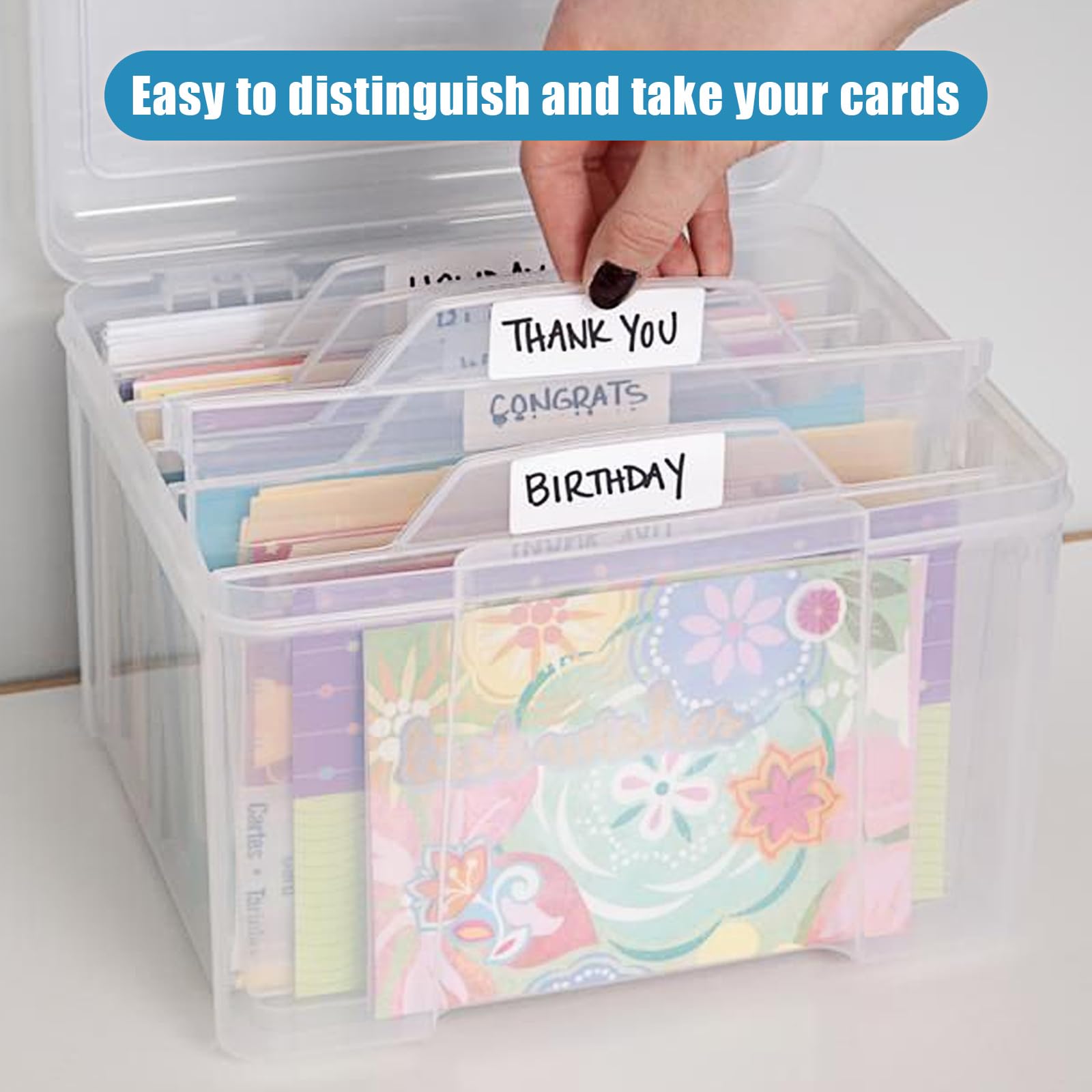 ABuff Greeting Card Storage and Organizer Box with 6 Adjustable Dividers, Clear Plastic Photo Storage Box Card Organizer Box for Photos, Scrapbook, Stickers, Envelopes