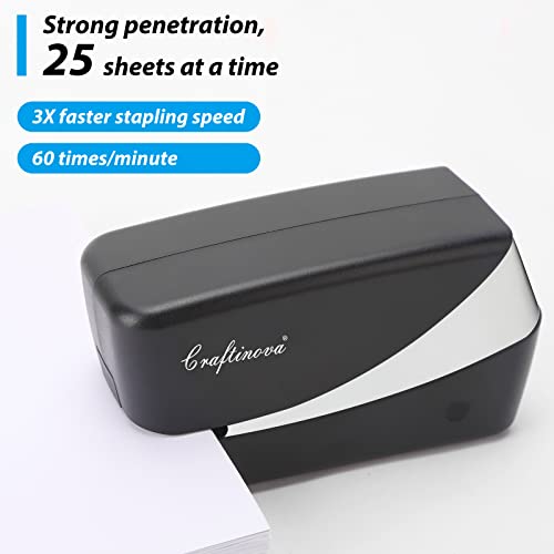 Craftinova Electric Stapler, 25 Sheet Capacity,Including 2000 Staples ,Jam Free Stapler,Professional and Home Office Stapler,Battery not Included,AC or Battery Powered.(Black Silver) …