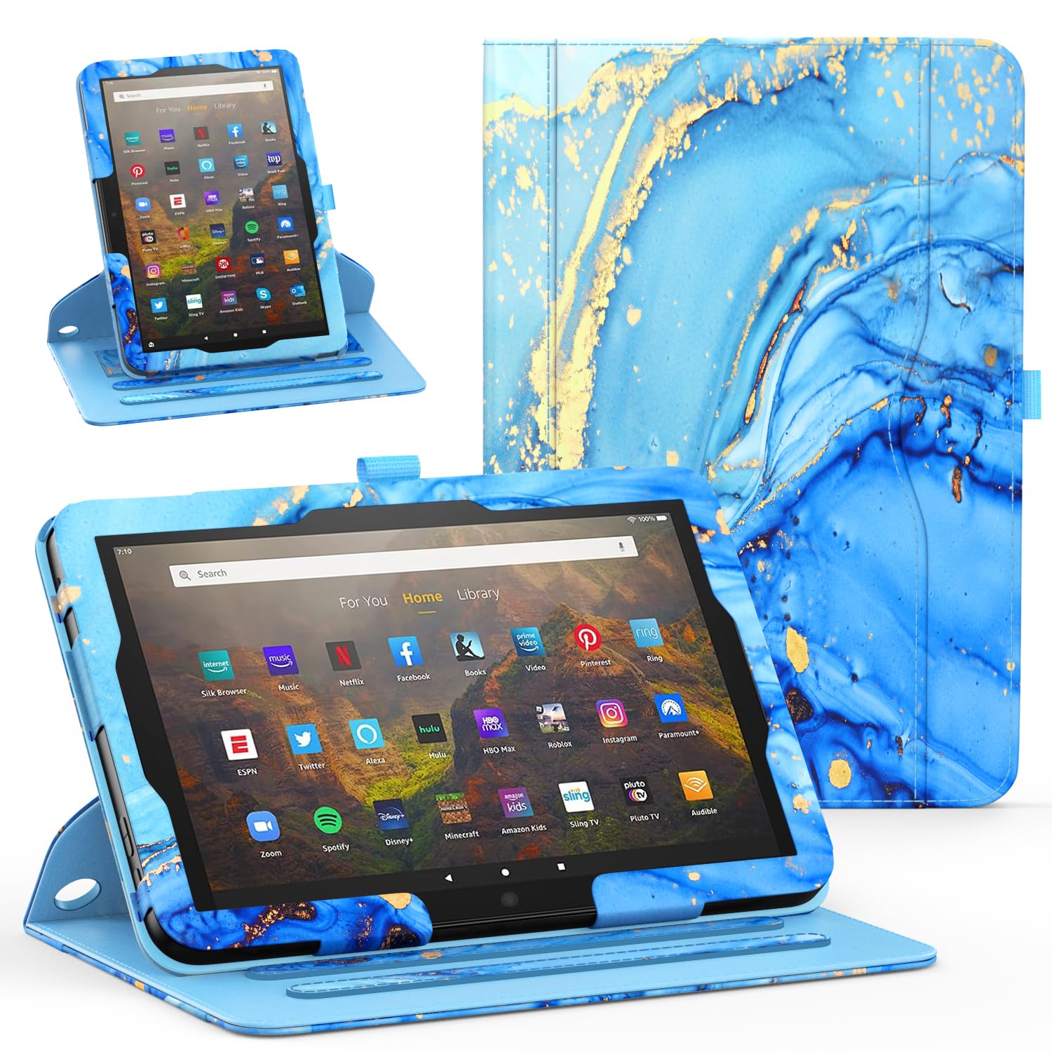 ZoneFoker Case for All New Kindle Fire HD 10 Tablet & Fire HD 10 Plus (11th/13th Generation, 2021/2023 Released), 360 Degree Rotating Stand Cover with Auto Sleep/Wake & Pencil Holder, Marble Blue