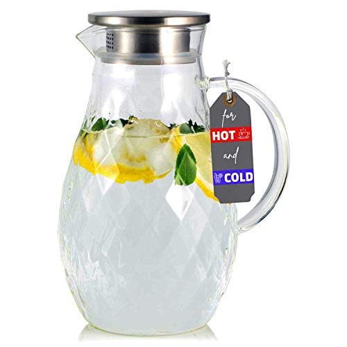 Borosilicate Glass Pitcher with Lid and Spout - 68 Ounces Cold and Hot Water Carafe with Unique Diamond Pattern, Beverage Pitcher for Homemade Iced Tea and Juice.
