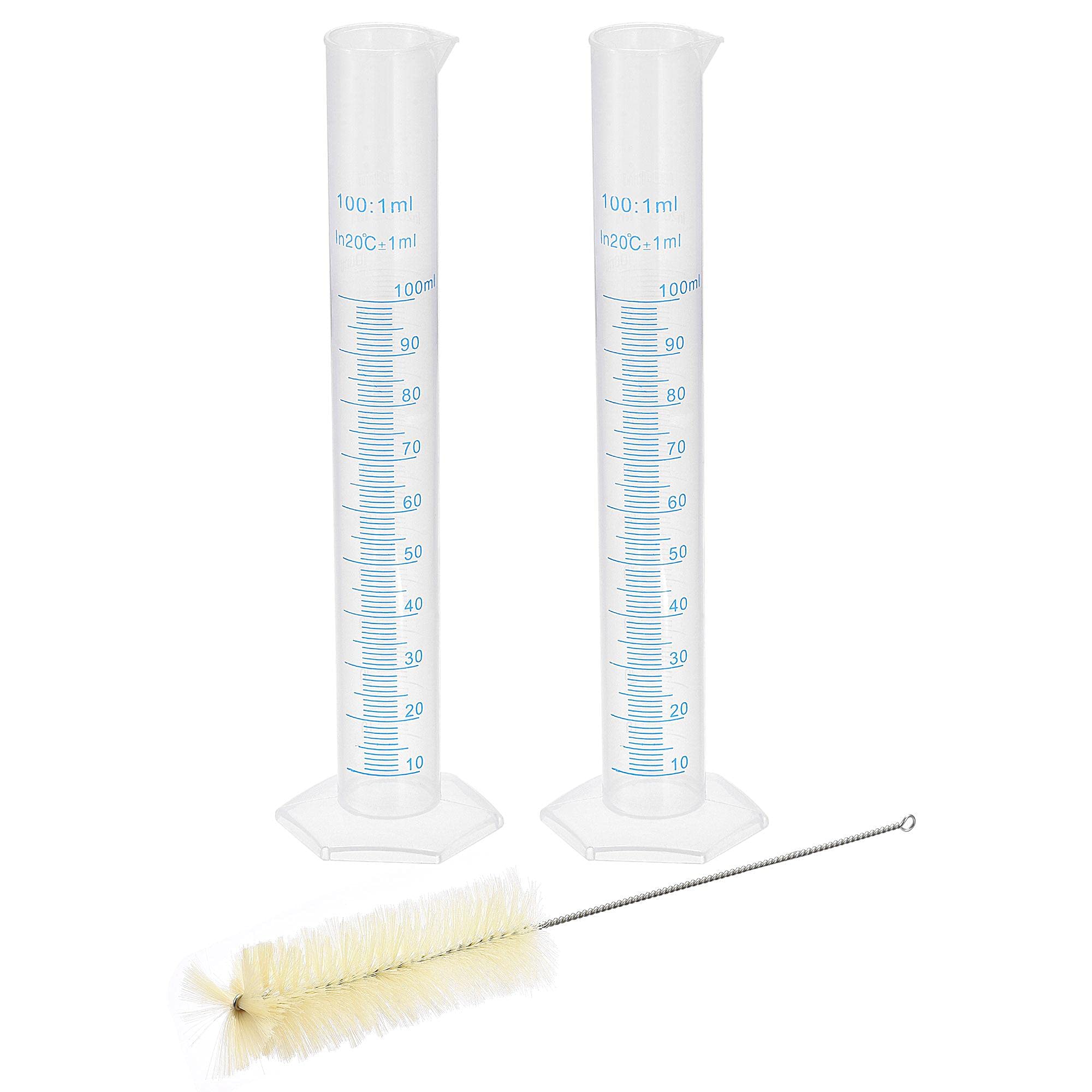 uxcell Plastic Graduated Cylinder, 100ml Measuring Cylinder with 1 Brush, 3in1 Set for Science Lab