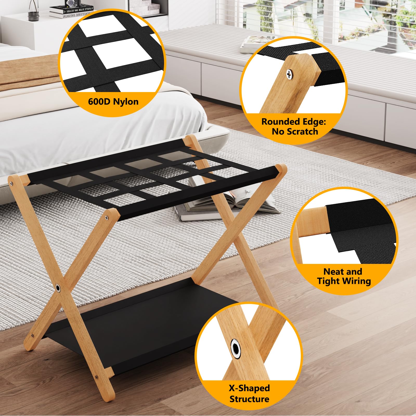 2 PCs Luggage Rack for Guest Room, Solid Wood Suitcase Stand with Storage Shelf, Holds up to 180 LBS, Easy Assembly, Luggage Holders with Nylon Straps for Bedroom, Hotels (Walnut)
