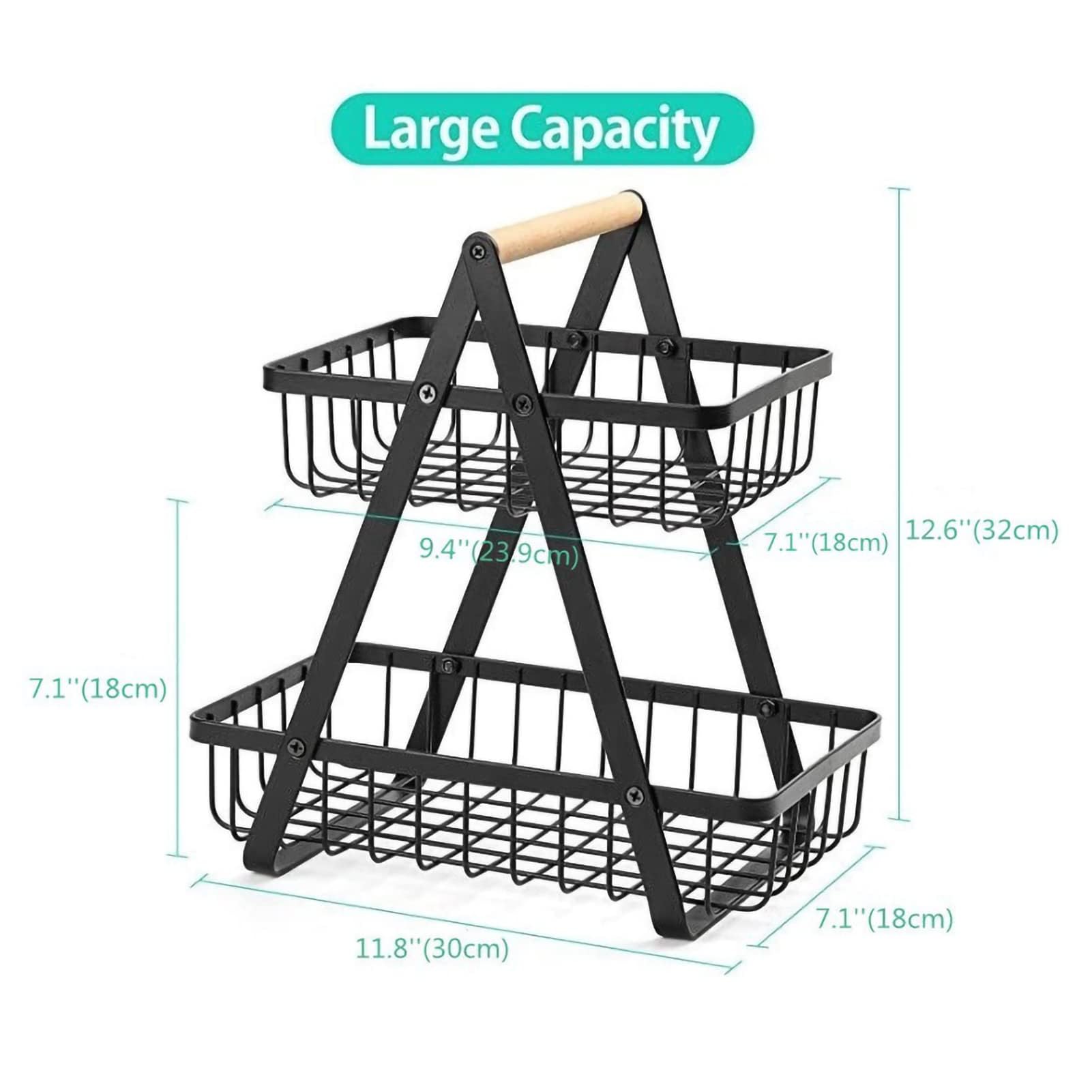 2 Tier Fruit Storage Basket Countertop for Kitchen, Rectangle Fruit Bread Wire Basket Vegetable Fruit Basket Bowl Stand Holder with Wooden Handle(Black)