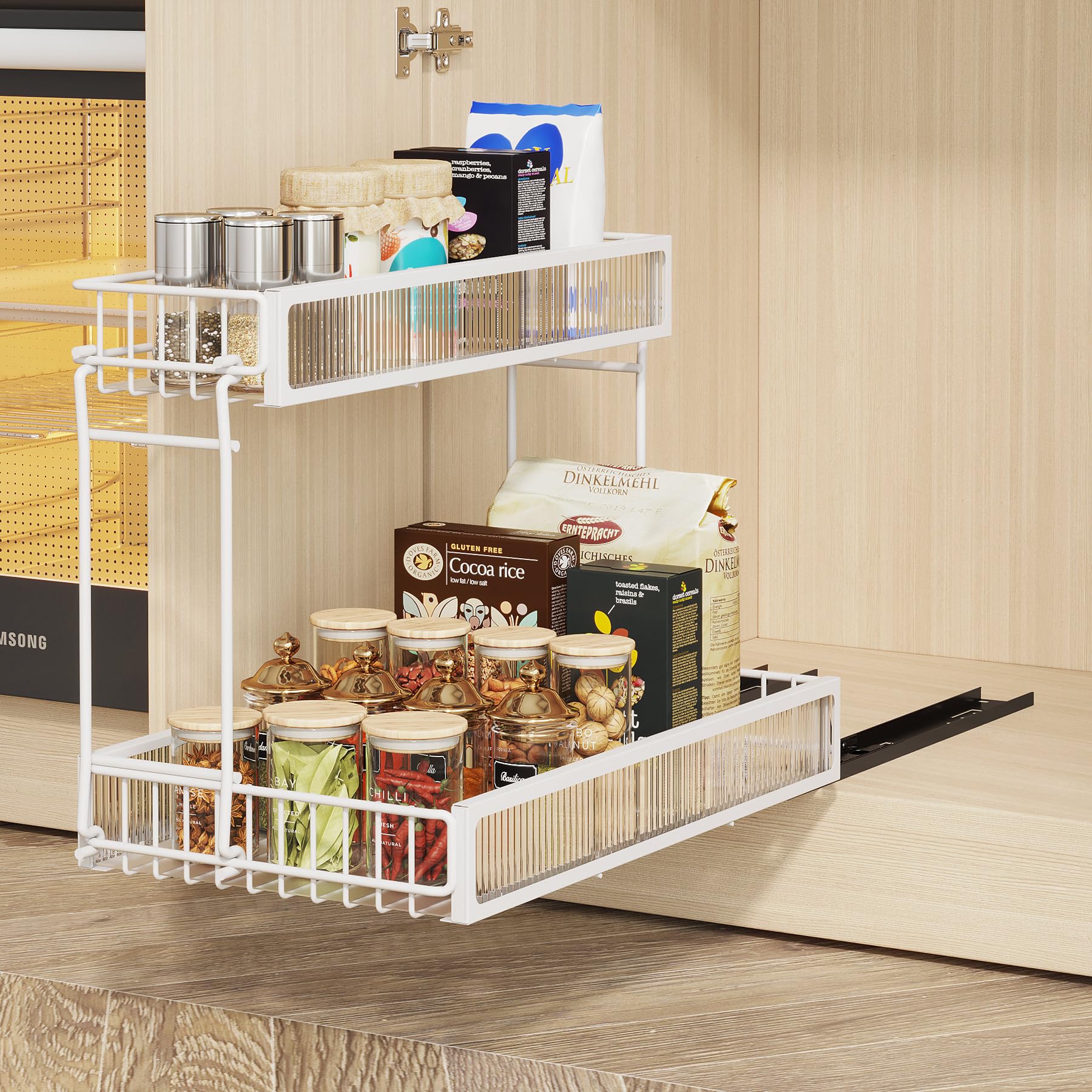 1Eayslife White Under Sink Organizer, 2 Tiers Pull Out Cabinet Organizer, Acrylic Slide Out Cabinet Storage Shelf with Wire Drawer and PP Cover