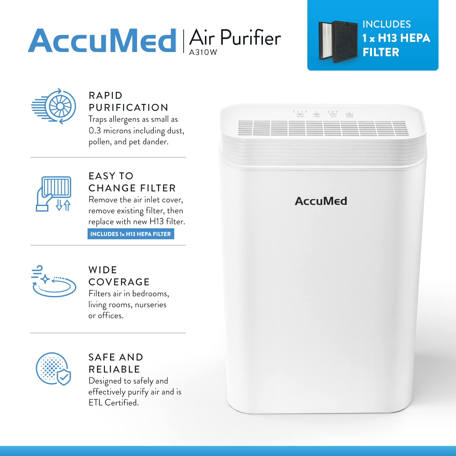 AccuMed HEPA Air Purifier, Removes Pet Hair and Smoke, White (A310W)