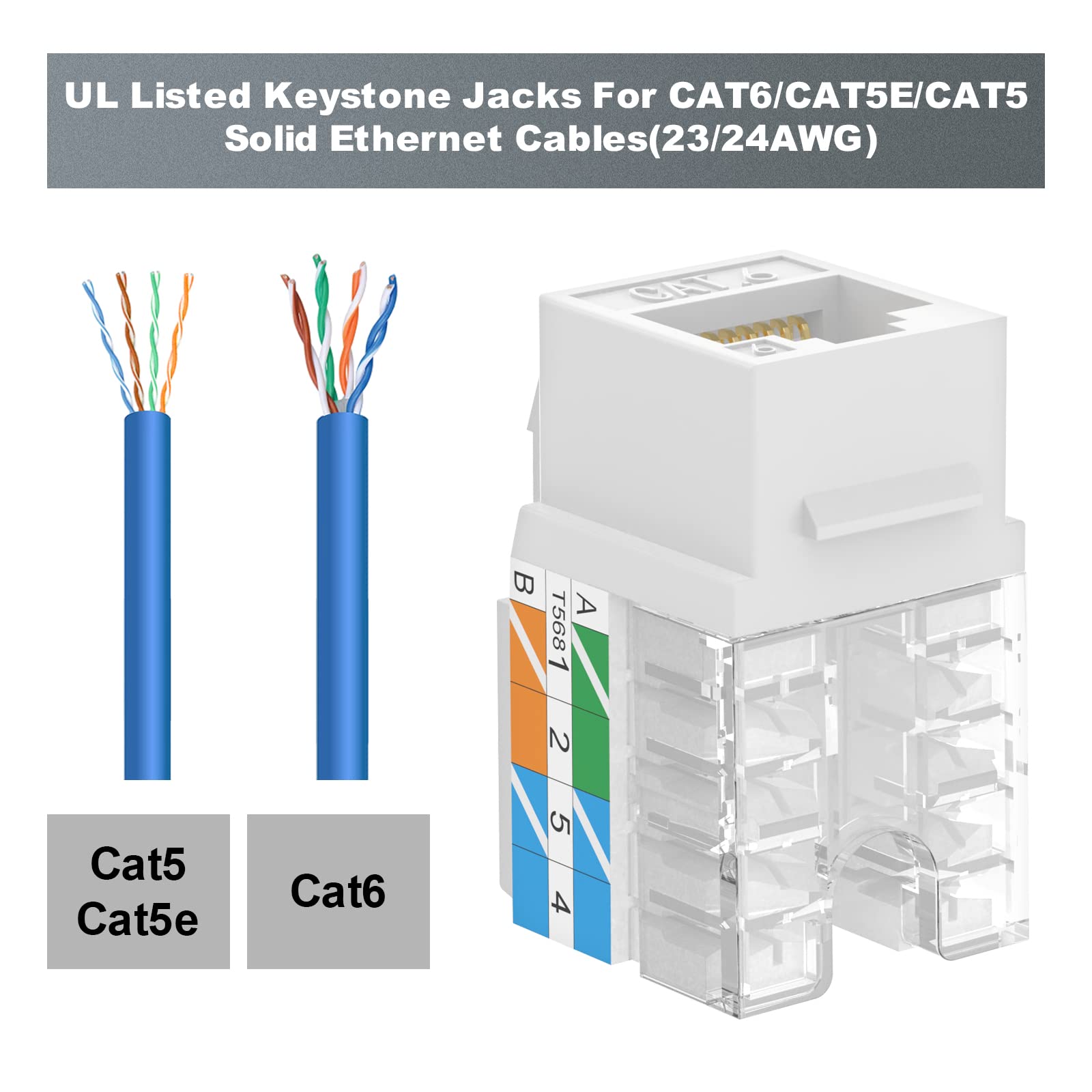 VCELINK 50-Pack RJ45 Cat6 Keystone Jack White Bundle with 1-Pack Punch Down Tool with 110 and 66 Blades and 2-Pack Mini Wire Stripper Cutter